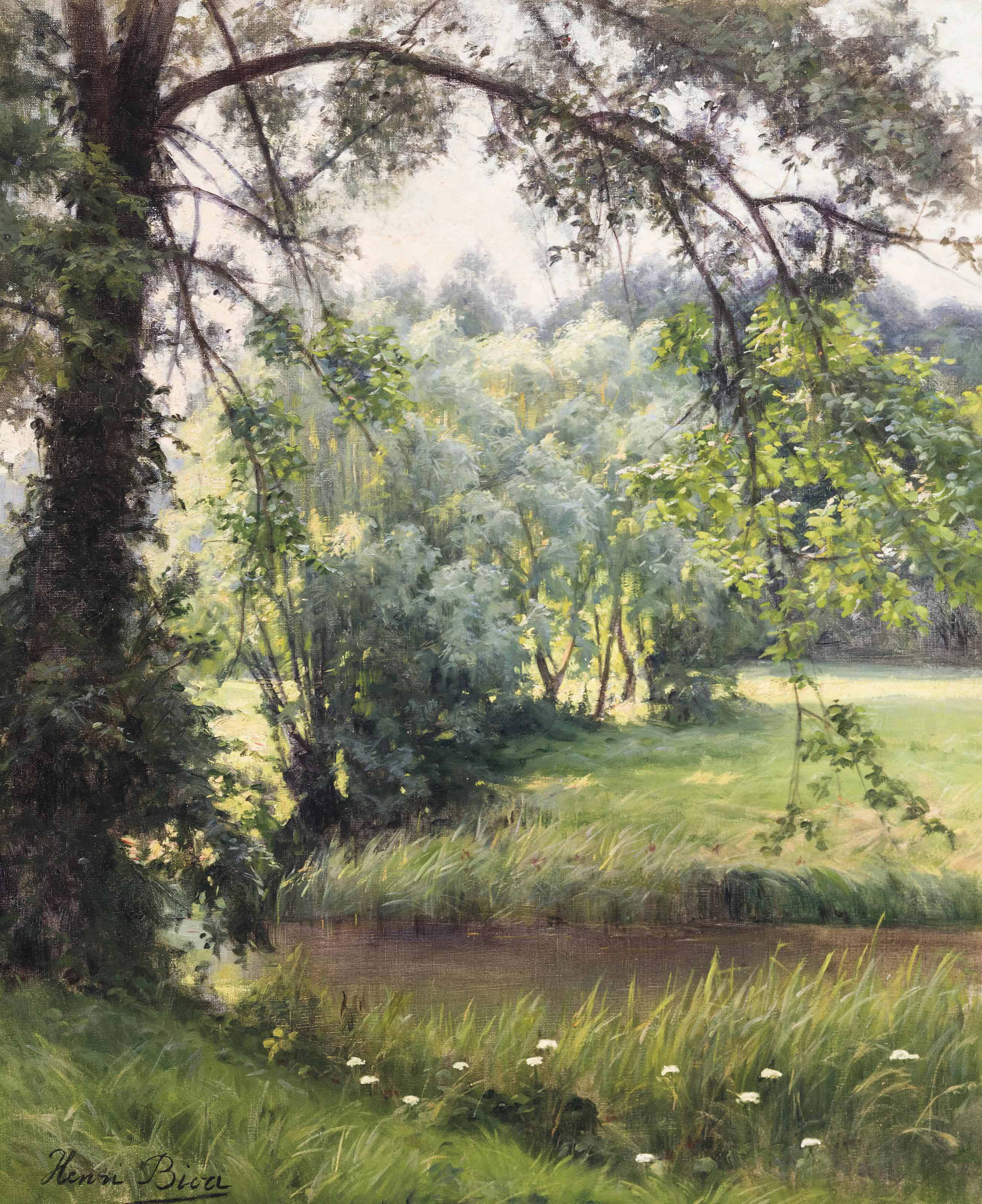 Henri Biva (French, 1848-1929) , A woodland river | Christie's