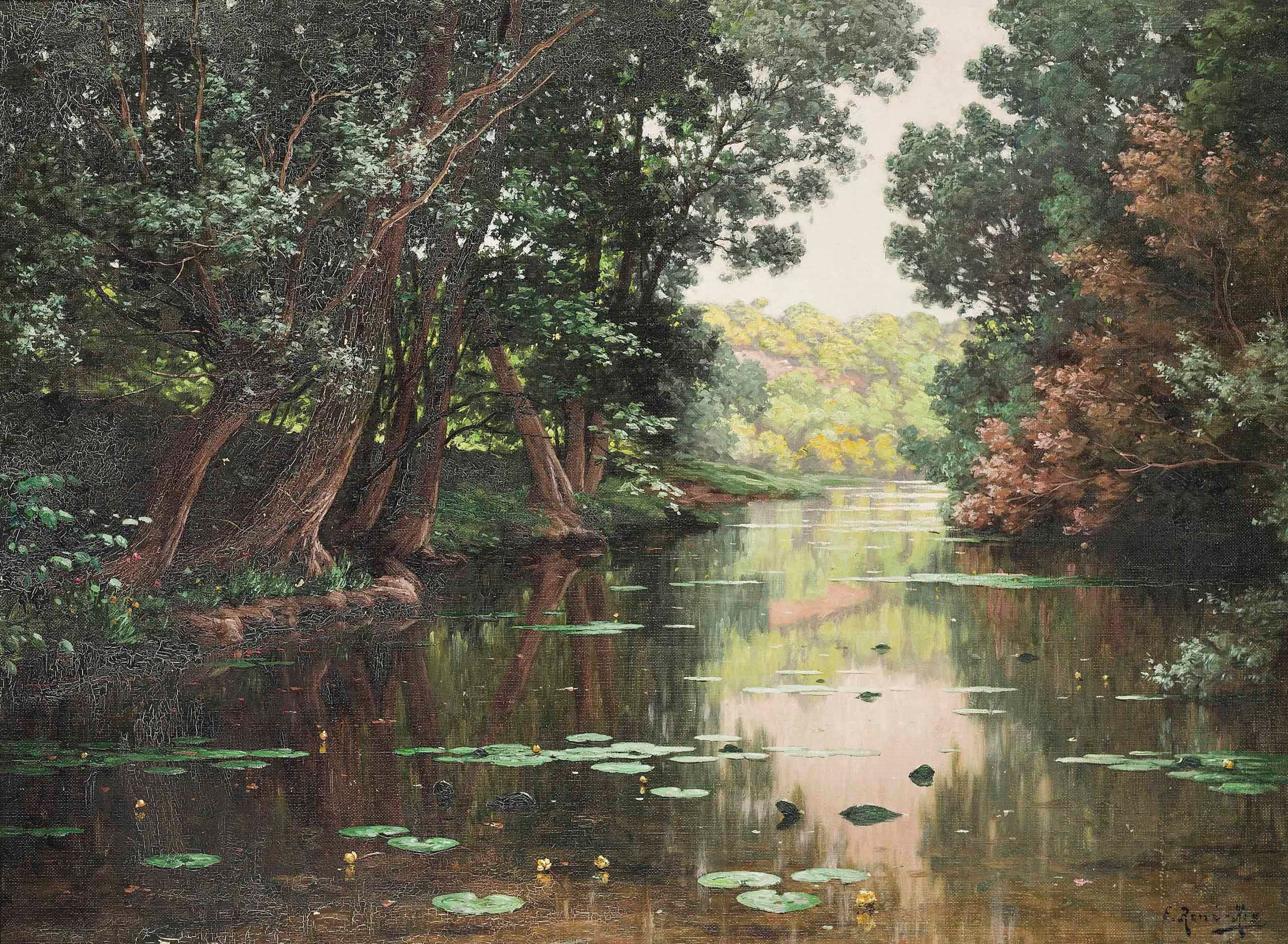René Charles Edmond His (French, 1877-1960), Water Lilies on the river ...