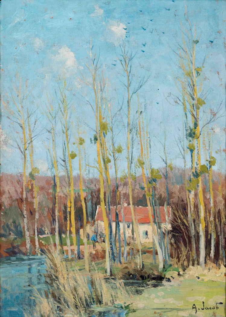 Alexandre-Louis Jacob (French, 1876-1972), A cottage on the river bank ...