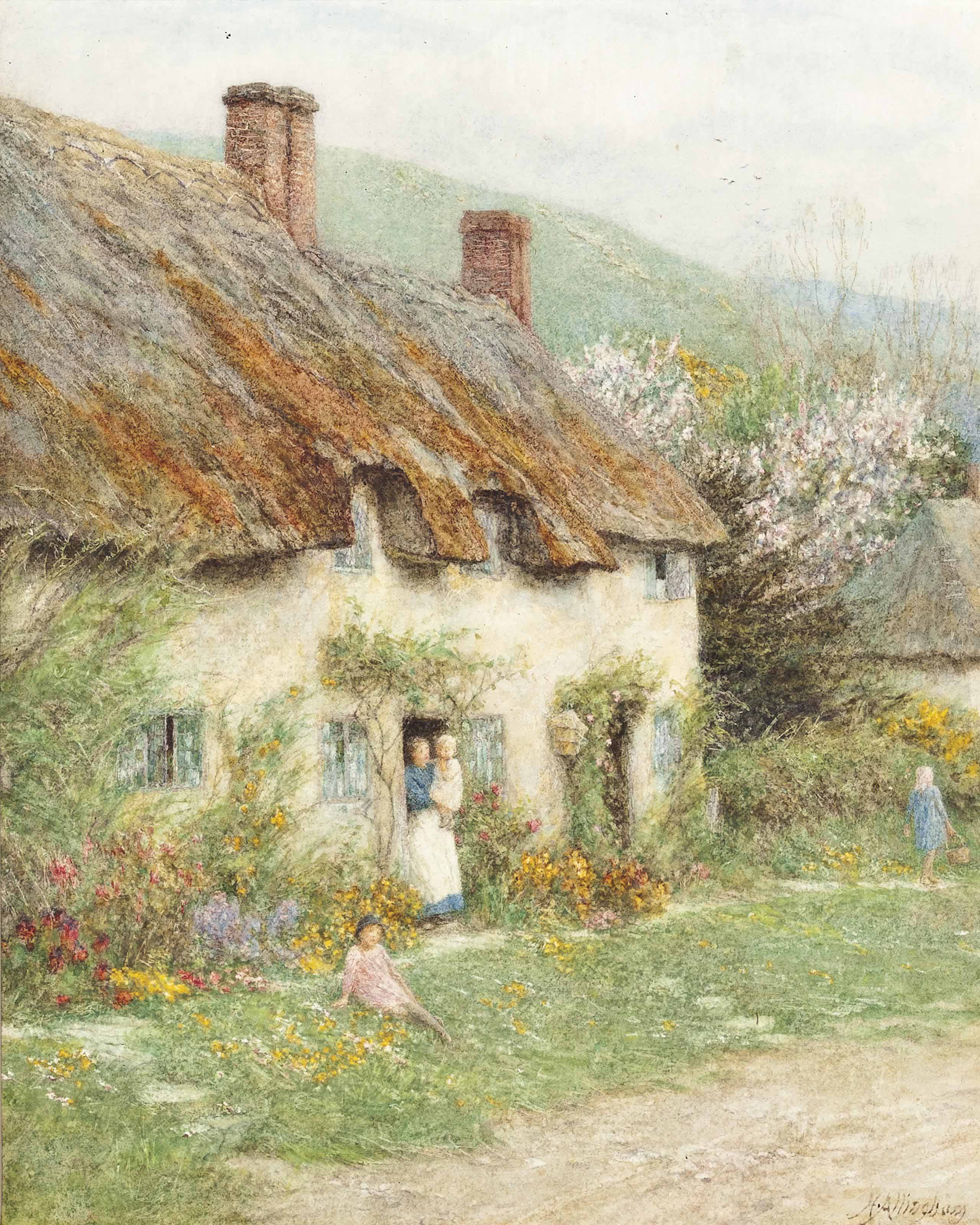 Helen Allingham, R.W.S. (1848-1926) , At the cottage door, near ...
