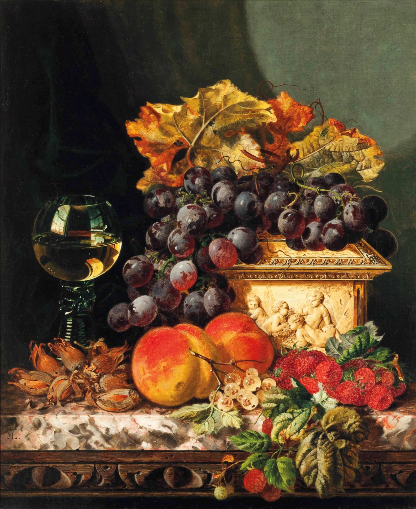 Edward Ladell (1821-1886), Red grapes, raspberries, peaches ...
