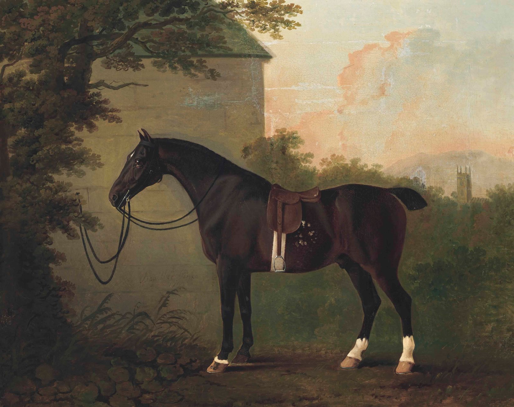 John Boultbee (1753-1812), A saddled bay hunter by a stable wall ...
