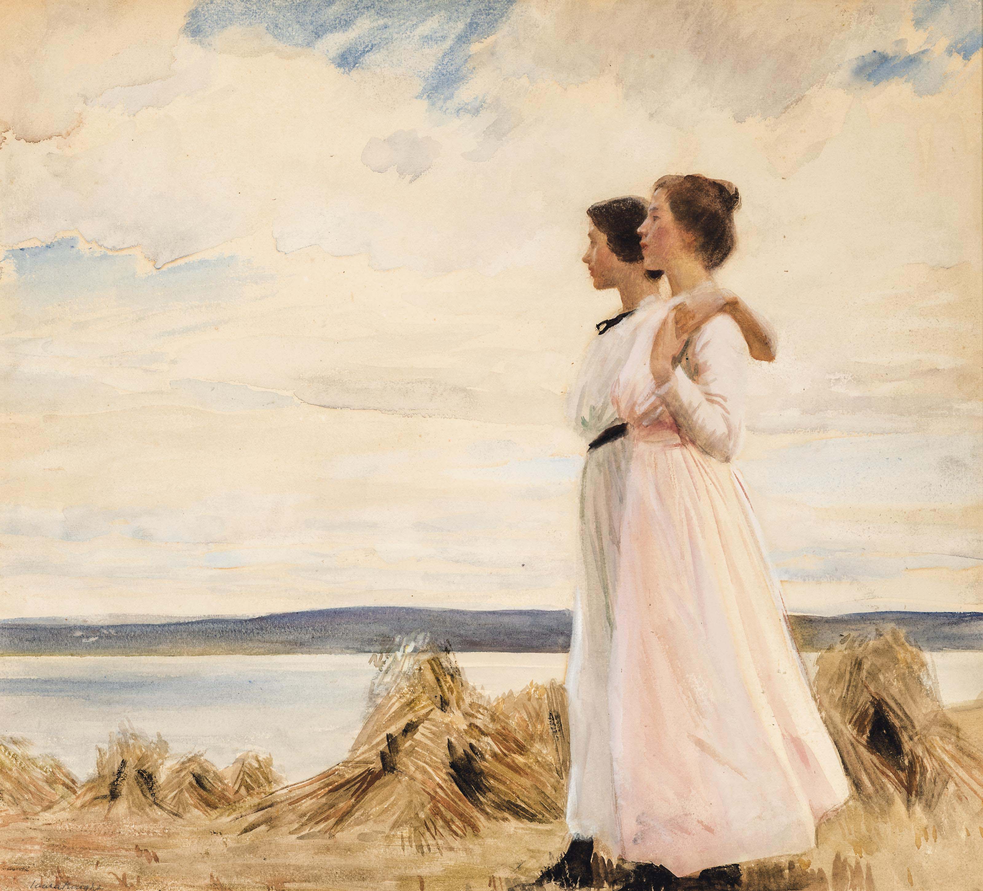 Dame Laura Knight, R.A., R.W.S. (1877-1970) , Two young girls walking ...