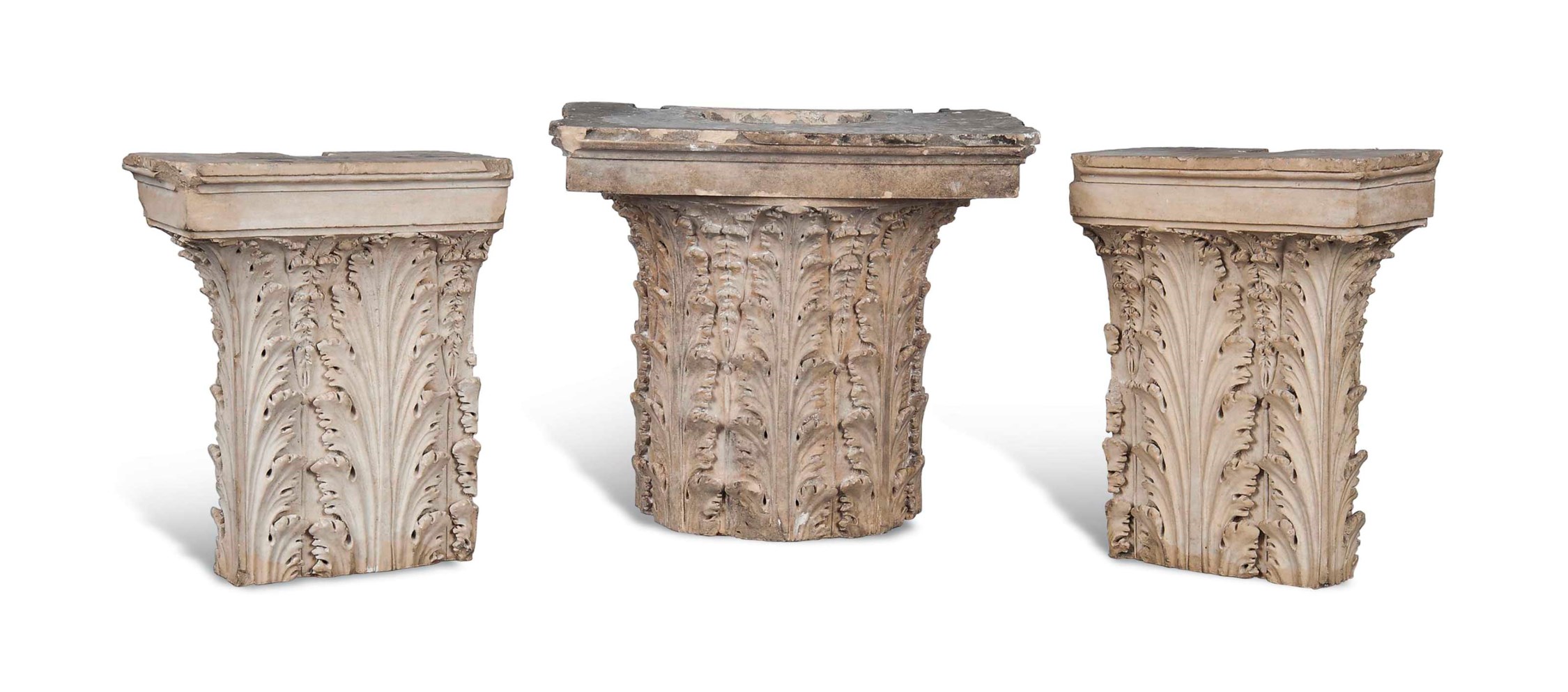 A GROUP OF THREE COADE STONE PILASTER CAPITALS, BY COADE, LONDON, LATE ...