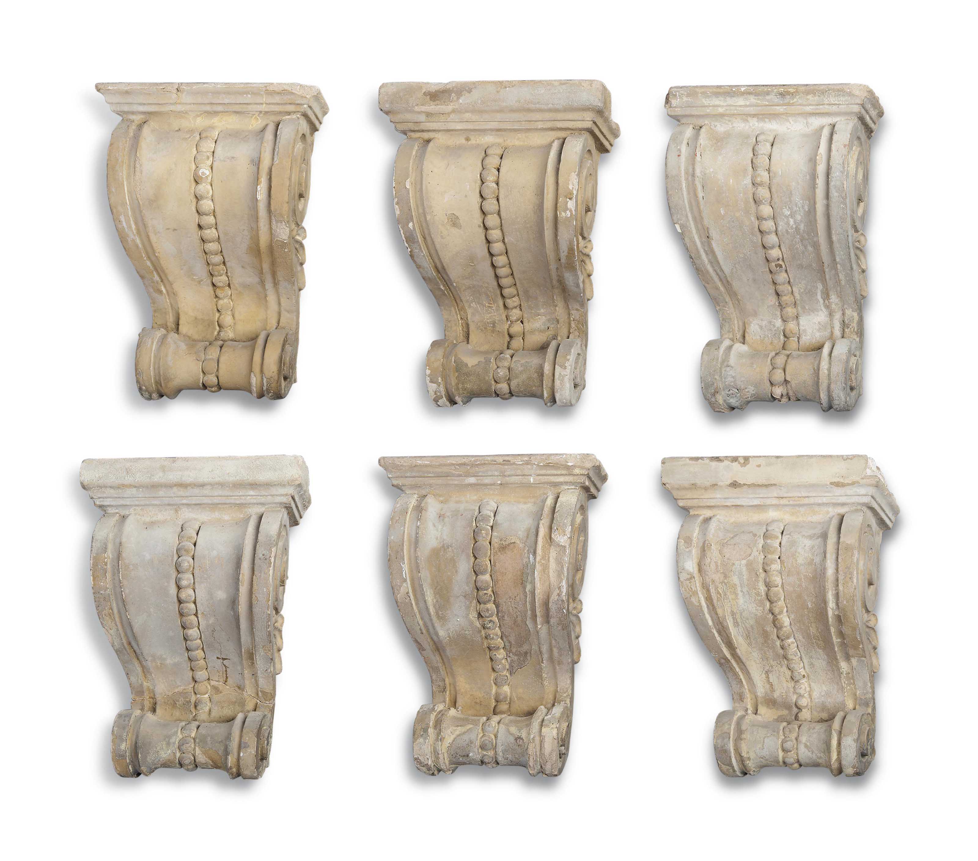 SIX VICTORIAN COMPOSITE STONE WALL BRACKETS