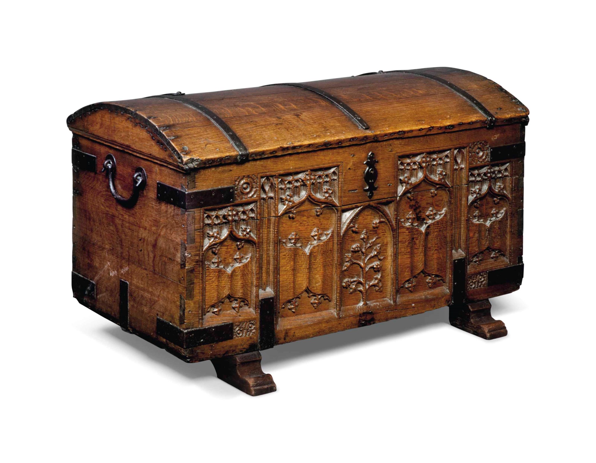A NORTHERN FRENCH GOTHIC AND LINENFOLD-CARVED IRON-BOUND OAK DOMED ...