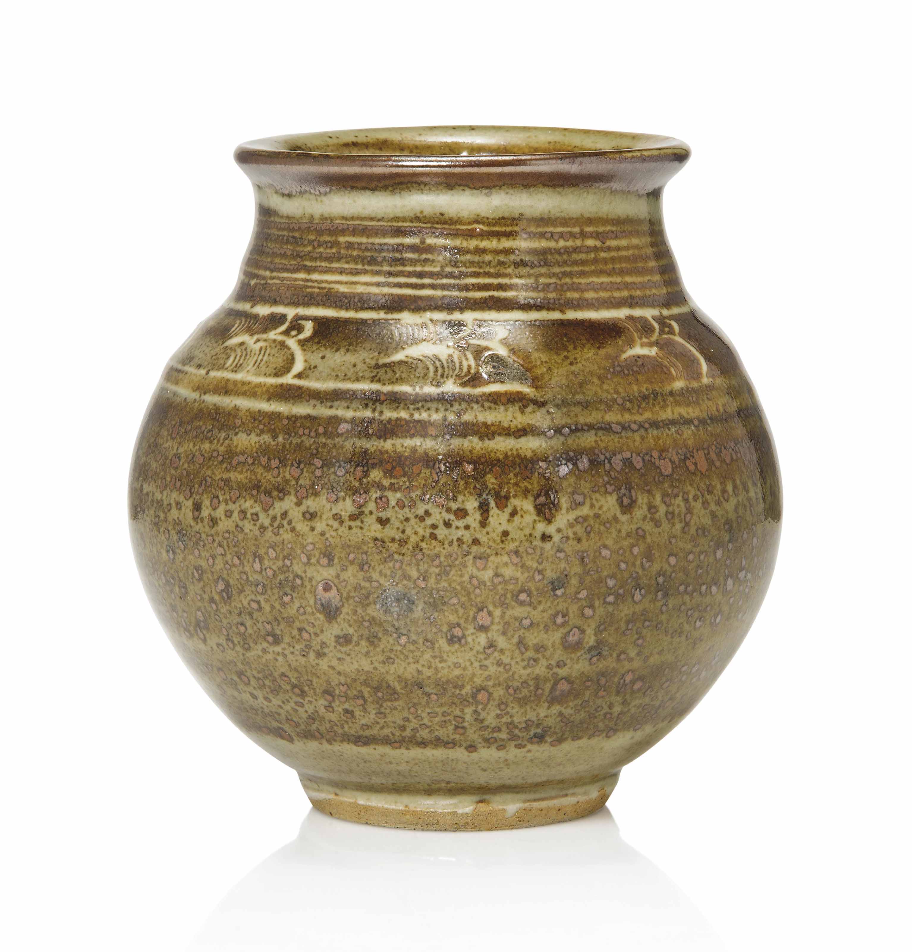 BERNARD LEACH (1887-1979) GLAZED STONEWARE VASE WITH WAX-RESIST DECORATION