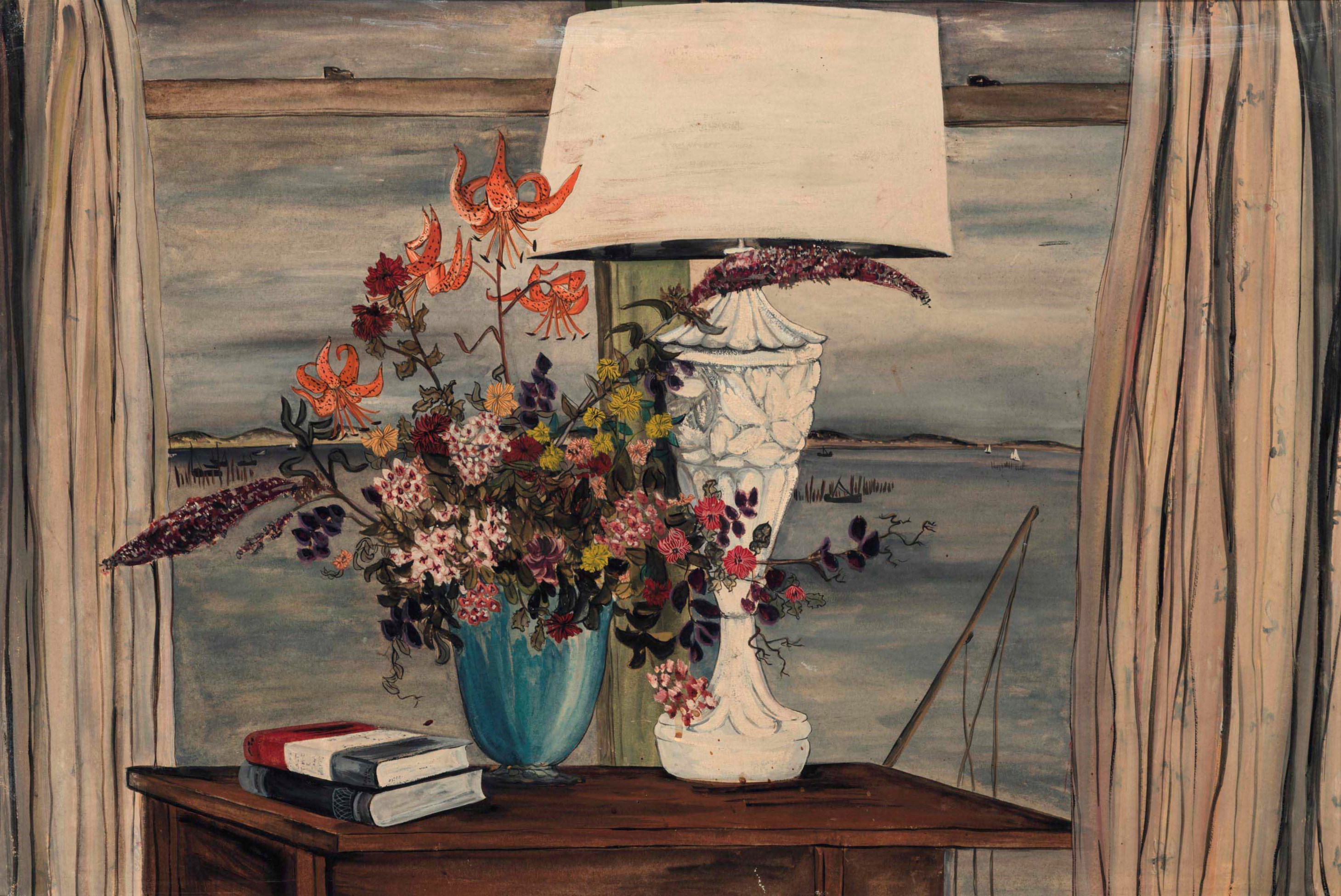 Fleur Cowles (American, 1908-2009), Still life with flowers and a lamp ...