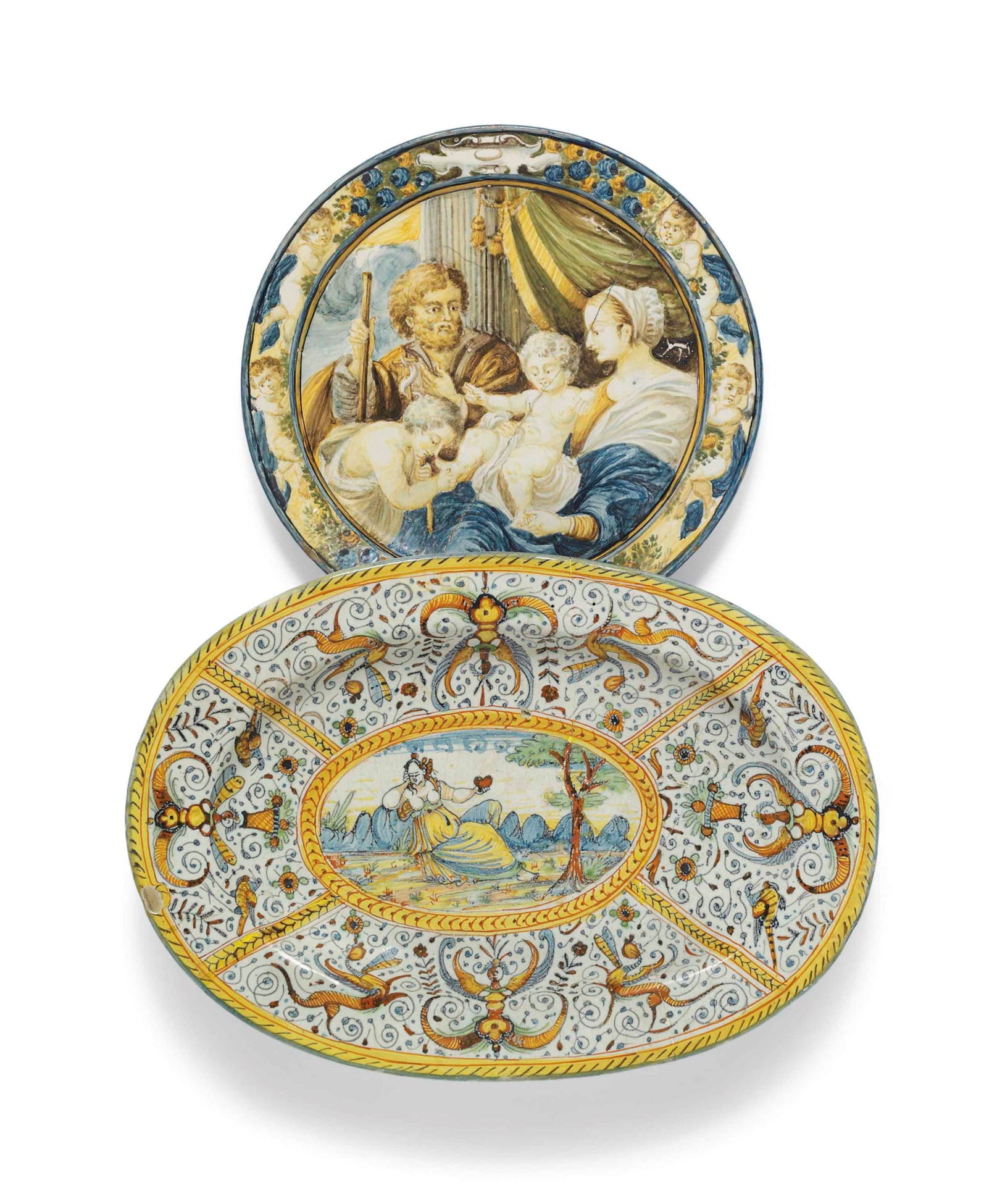 AN ITALIAN MAIOLICA DISH AND A CASTELLI PLATE, THE DISH PROBABLY DERUTA ...