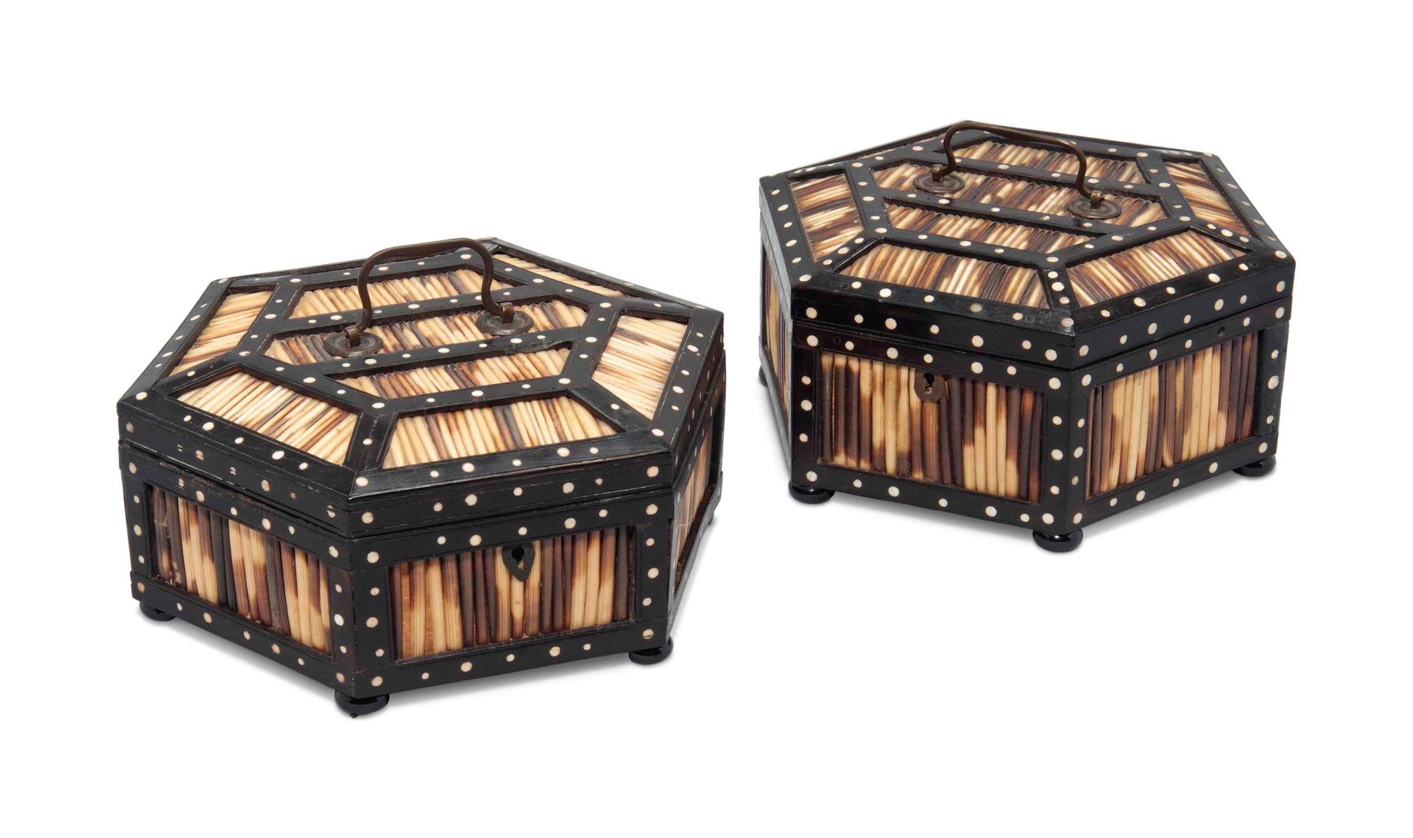 TWO CEYLONESE PORCUPINE QUILL AND BONE HEXAGONAL BOXES, LATE 19TH ...