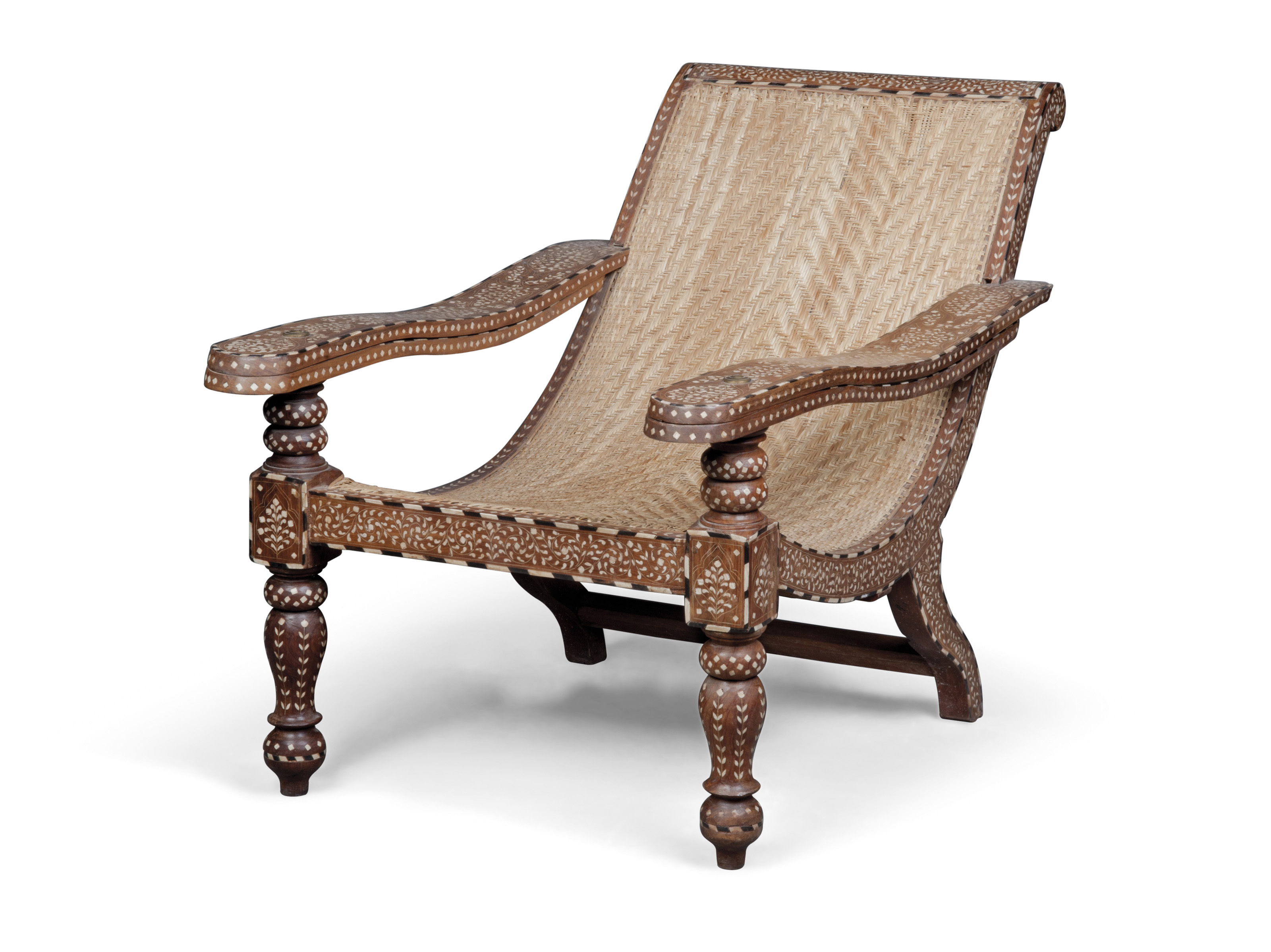 AN INDIAN EBONY AND BONE-INLAID TEAK AND CANED PLANTER'S CHAIR AND A ...