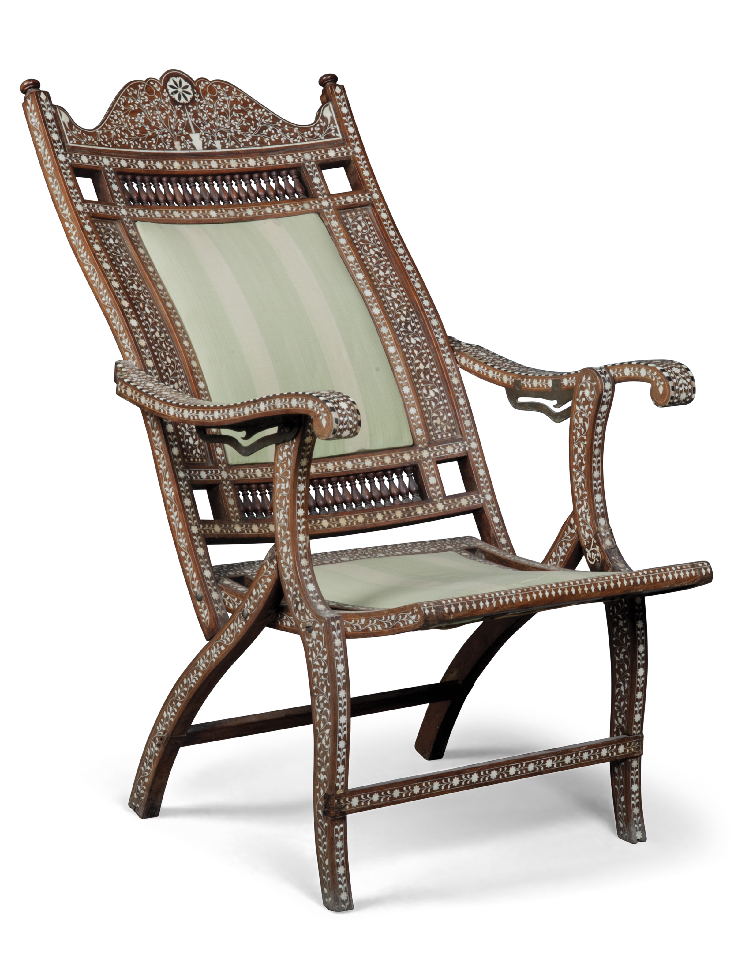 AN INDIAN EBONY AND BONE-INLAID TEAK AND CANED PLANTER'S CHAIR AND A ...