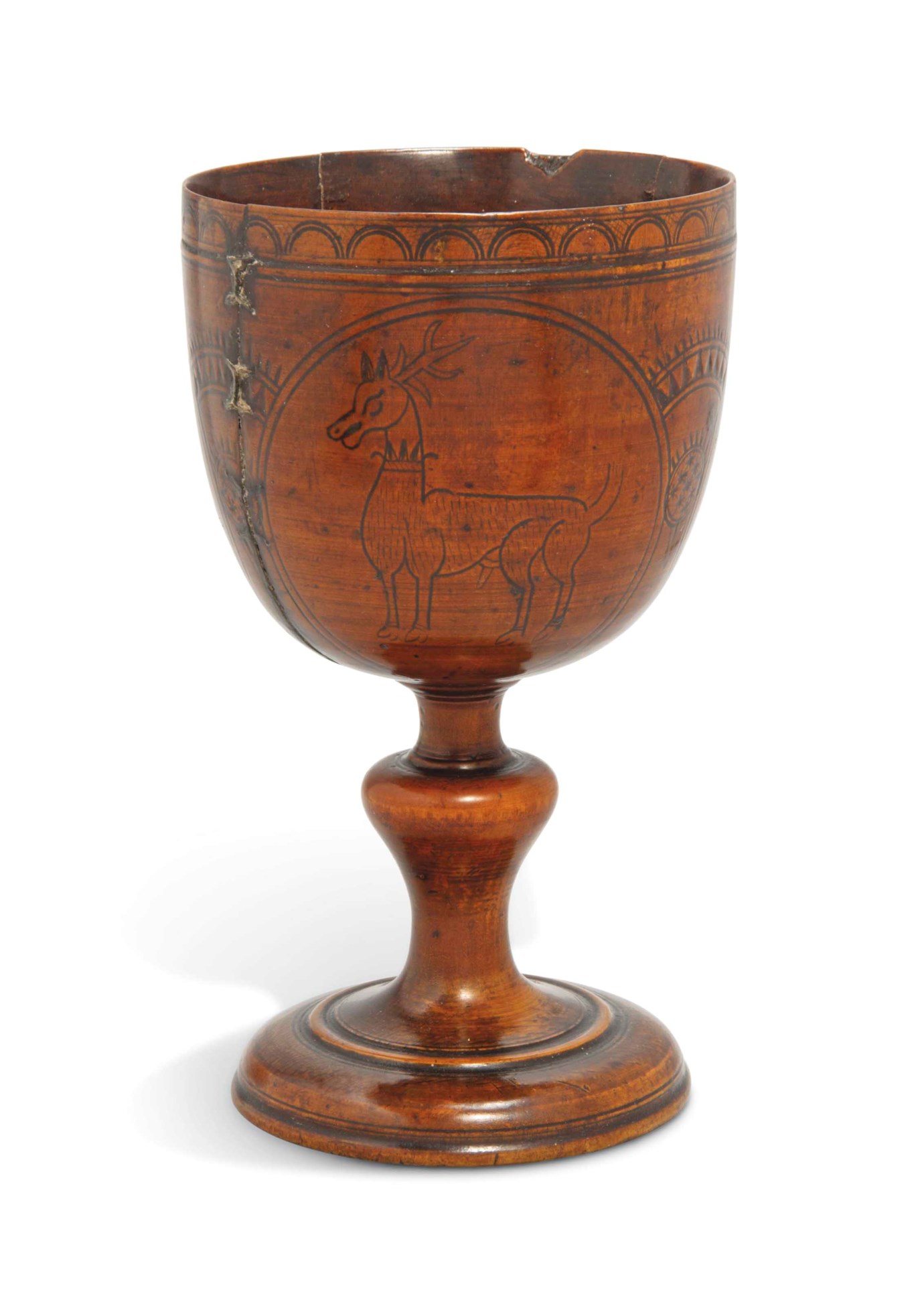 A PEARWOOD DECORATED STANDING CUP, ENGLAND, SECOND HALF 17TH CENTURY ...