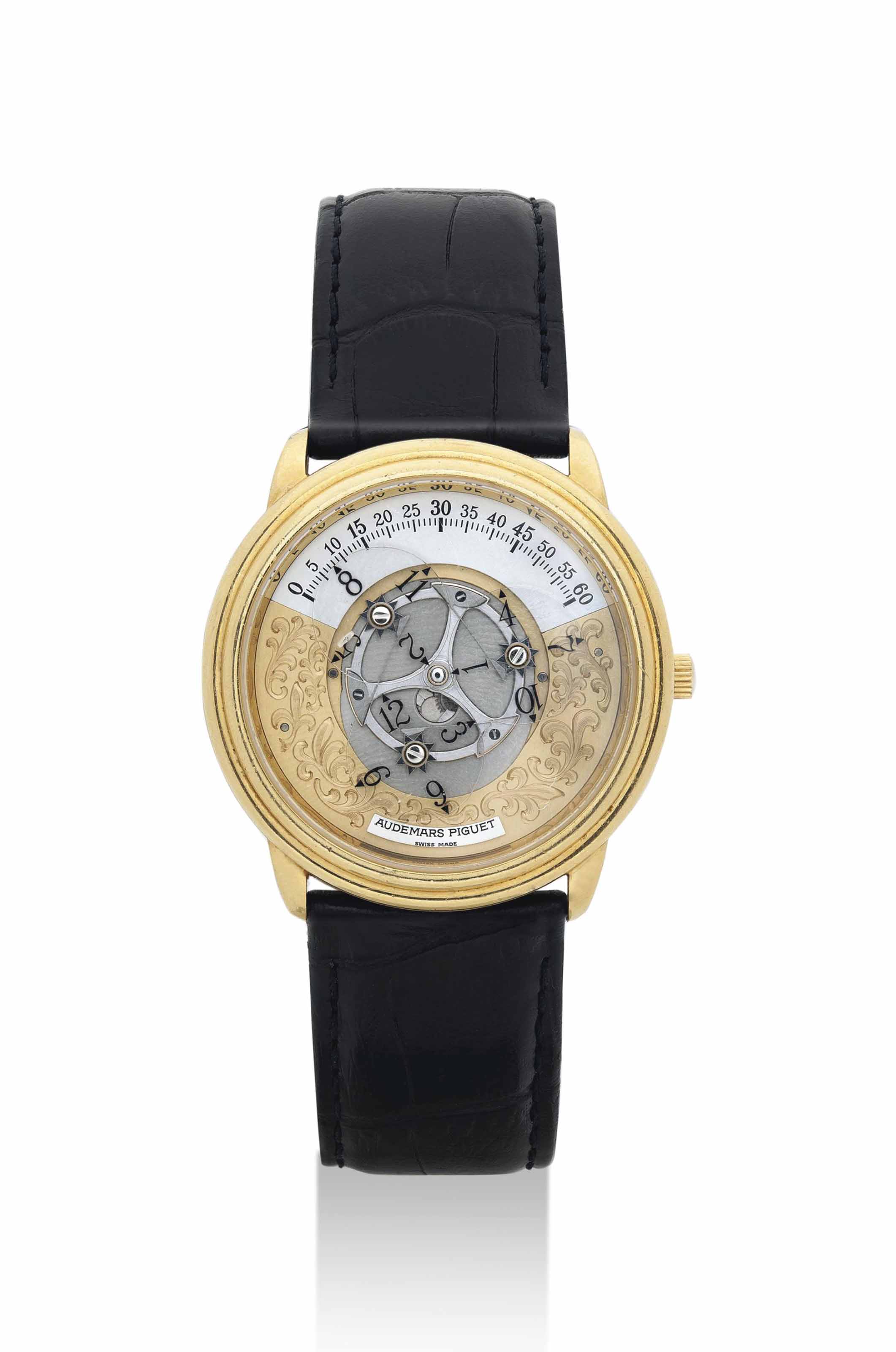 AUDEMARS PIGUET. AN 18K GOLD AUTOMATIC WANDERING HOUR WRISTWATCH