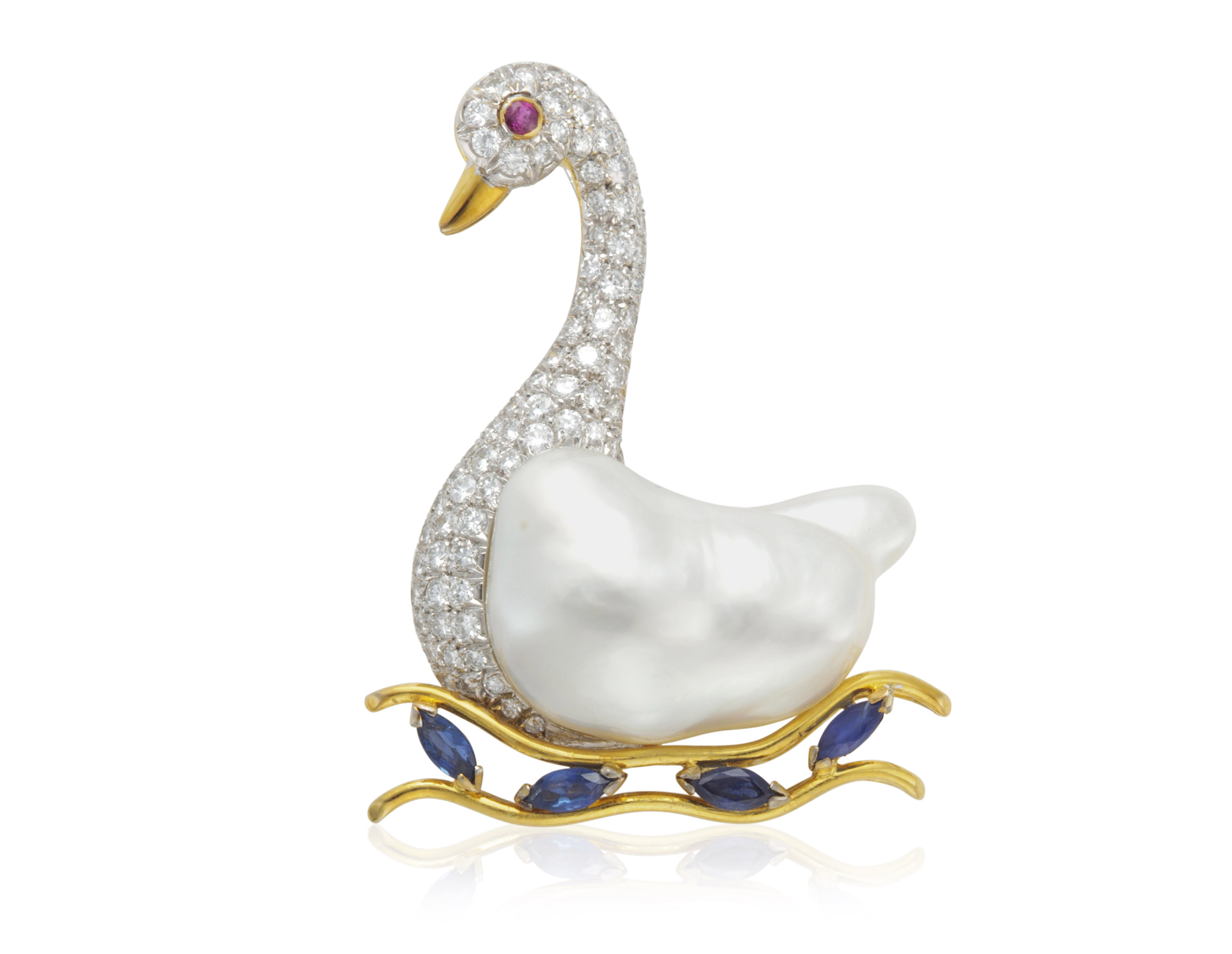 CULTURED BAROQUE PEARL, DIAMOND AND SAPPHIRE SWAN BROOCH, | Christie’s