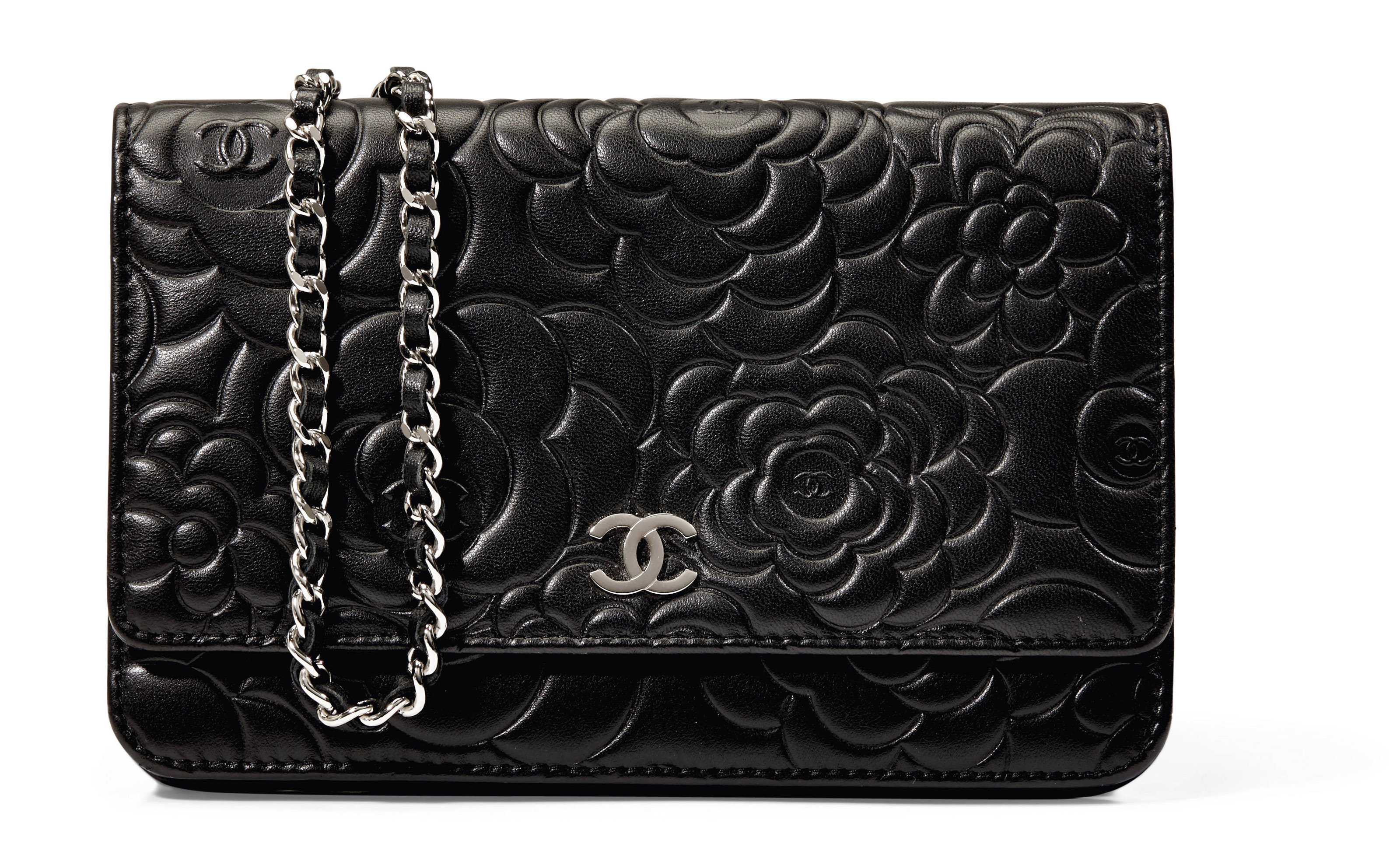 CHANEL, 2011, A BLACK LAMBSKIN LEATHER CAMELIA EMBOSSED WALLET ON CHAIN ...