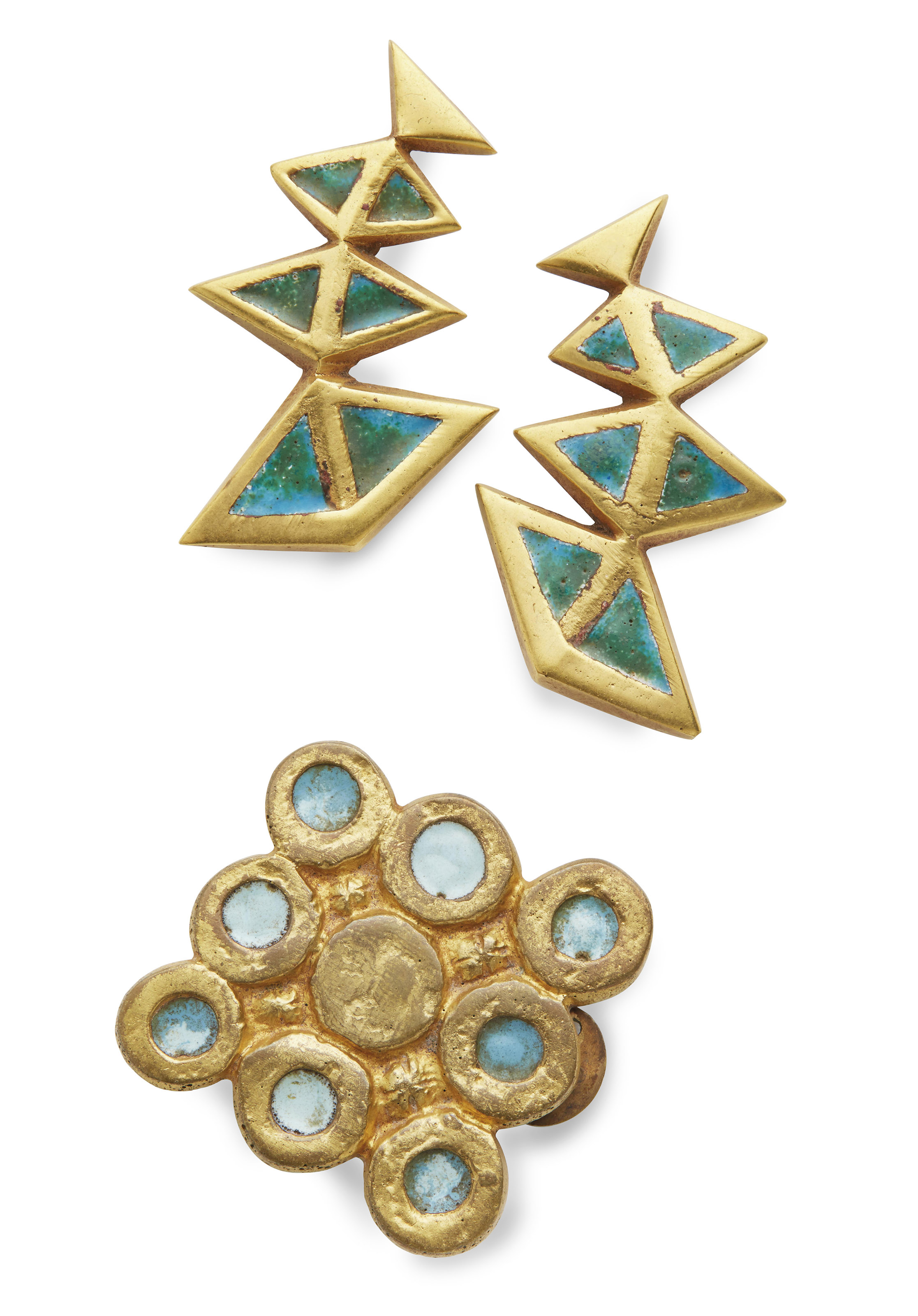 LINE VAUTRIN (1913-1997), A PAIR OF 'ARLEQUIN' EARRINGS AND A BROOCH ...