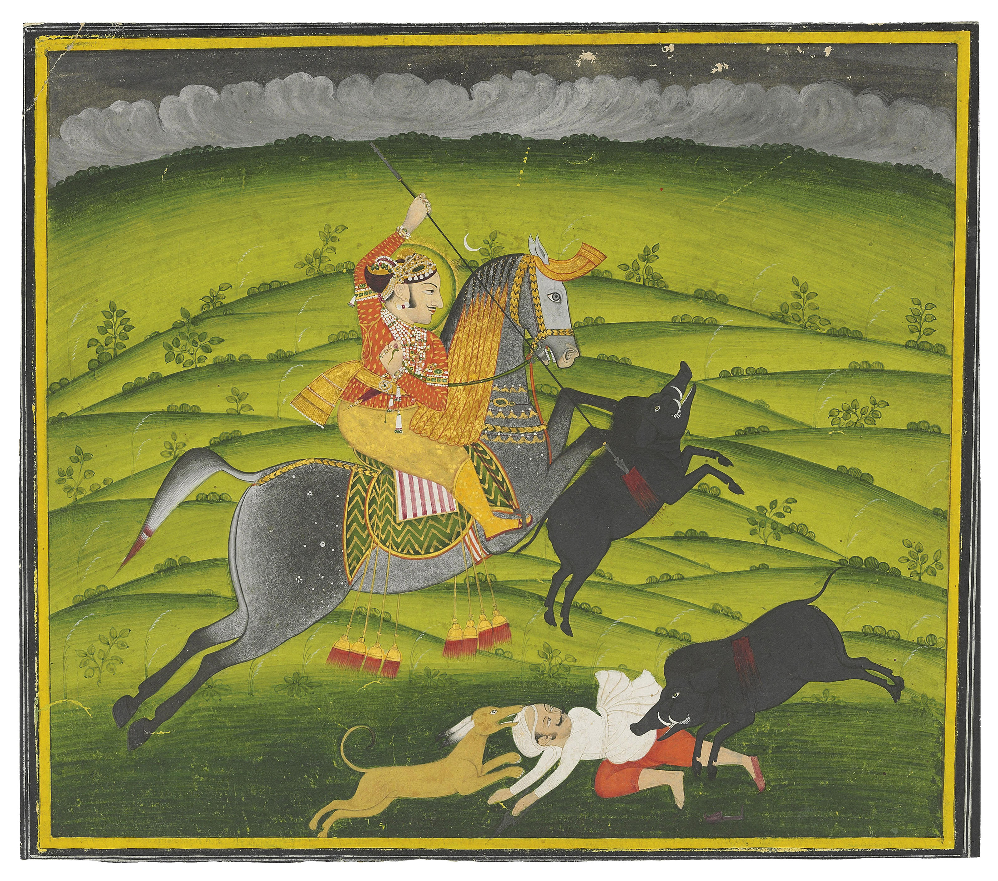 MAHARANA ARI SINGH ON HORSEBACK HUNTING BOAR, UDAIPUR, RAJASTHAN, NORTH ...