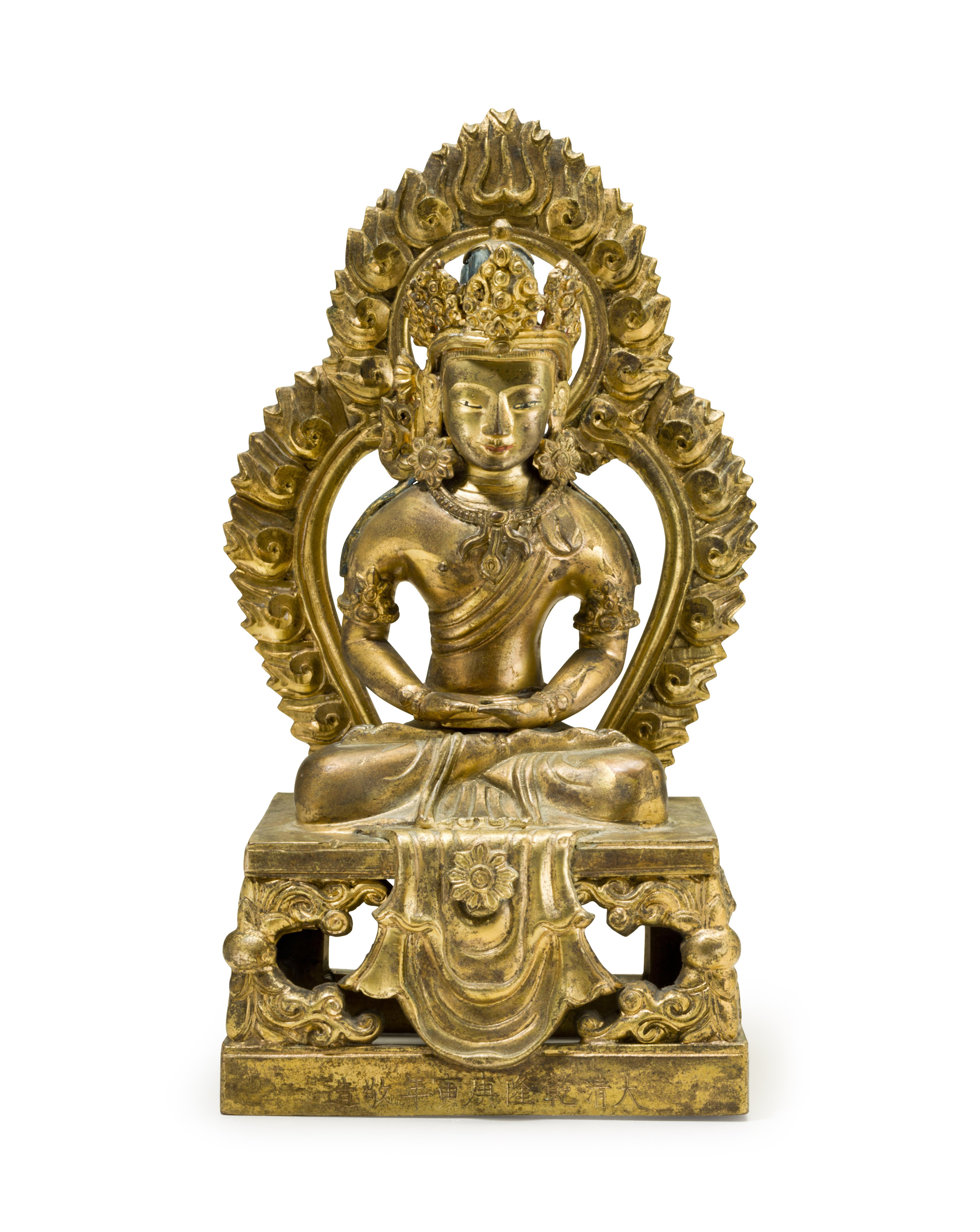 A GILT-BRONZE FIGURE OF AMITAYUS, QIANLONG PERIOD, INCISED WITH ...