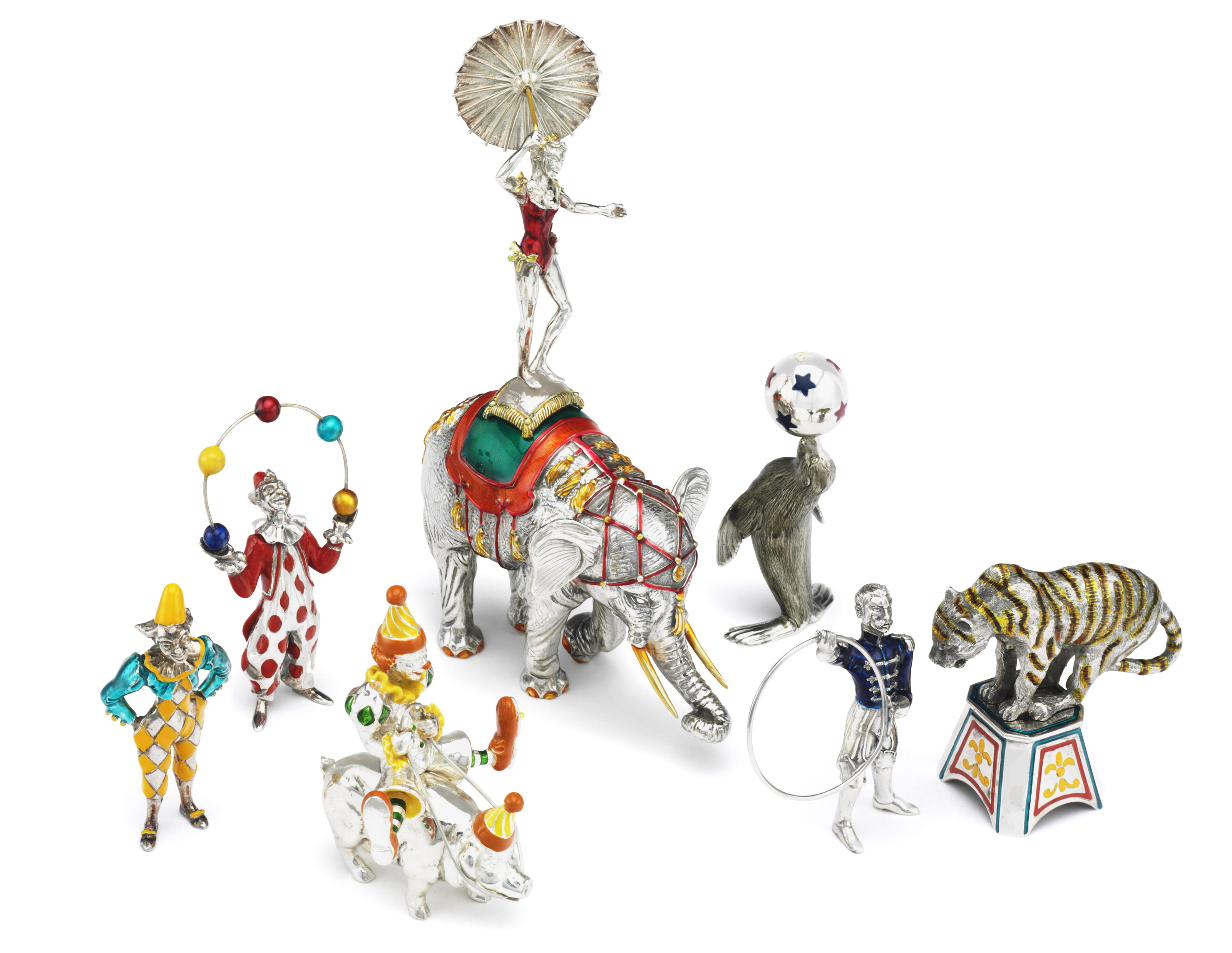 TIFFANY & CO. GENE MOORE GROUP OF SILVER AND ENAMEL CIRCUS FIGURINES ...