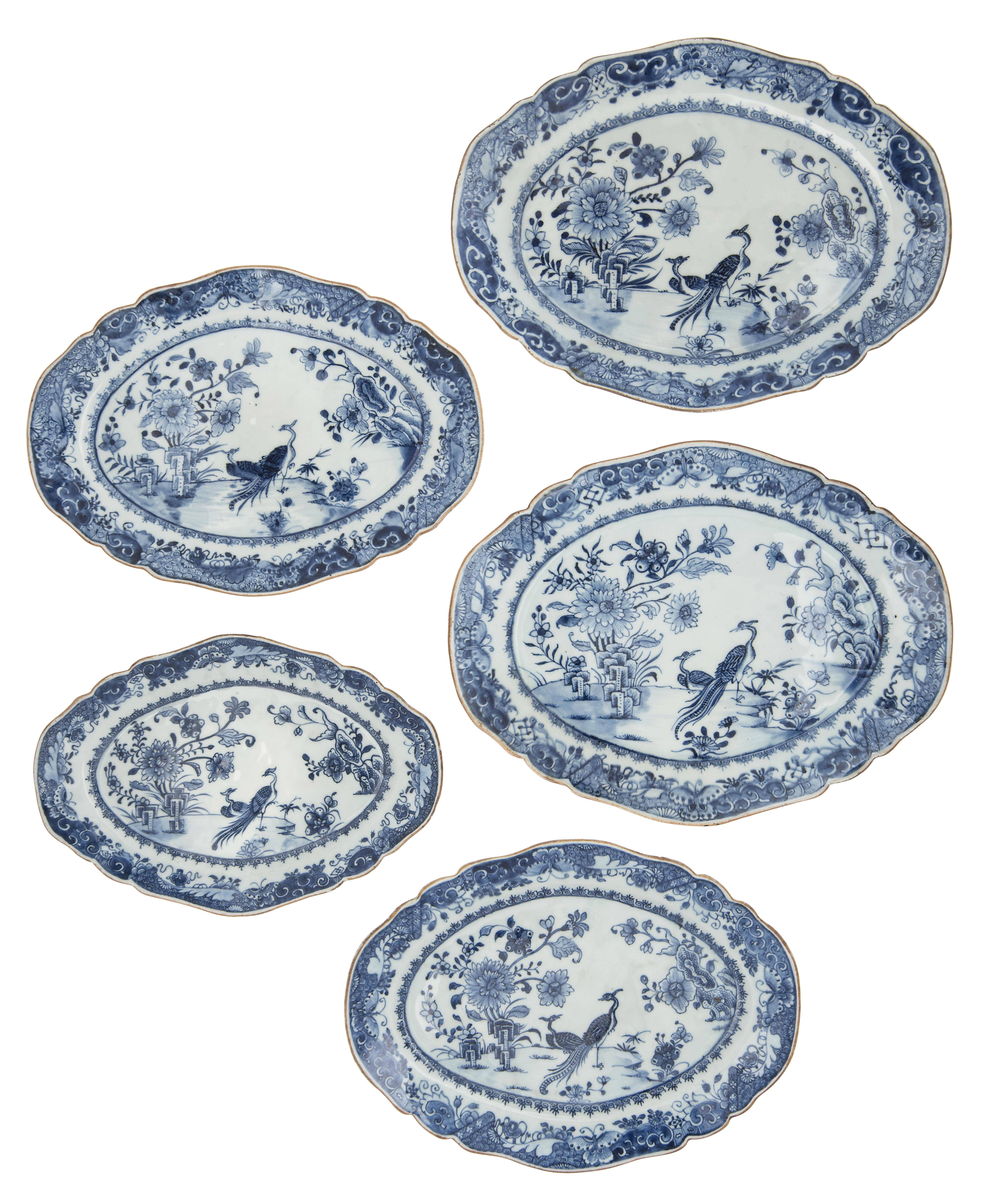 FIVE EXPORT BLUE AND WHITE OBLONG SERVING-DISHES, CHINA, QIANLONG ...