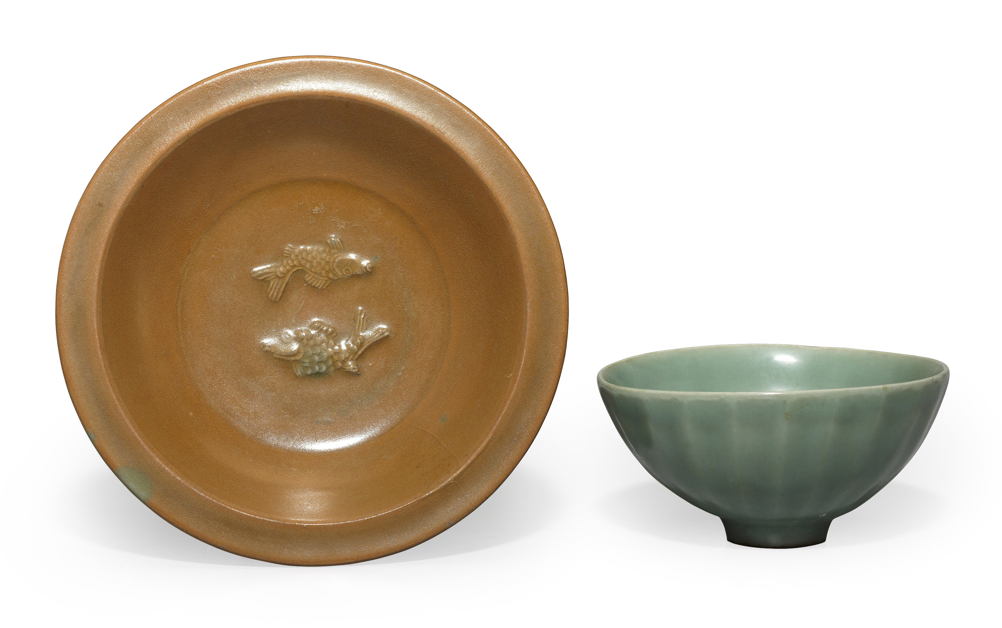 A LONGQUAN CELADON 'TWIN FISH' DISH AND A LONGQUAN CELADON DEEP BOWL ...