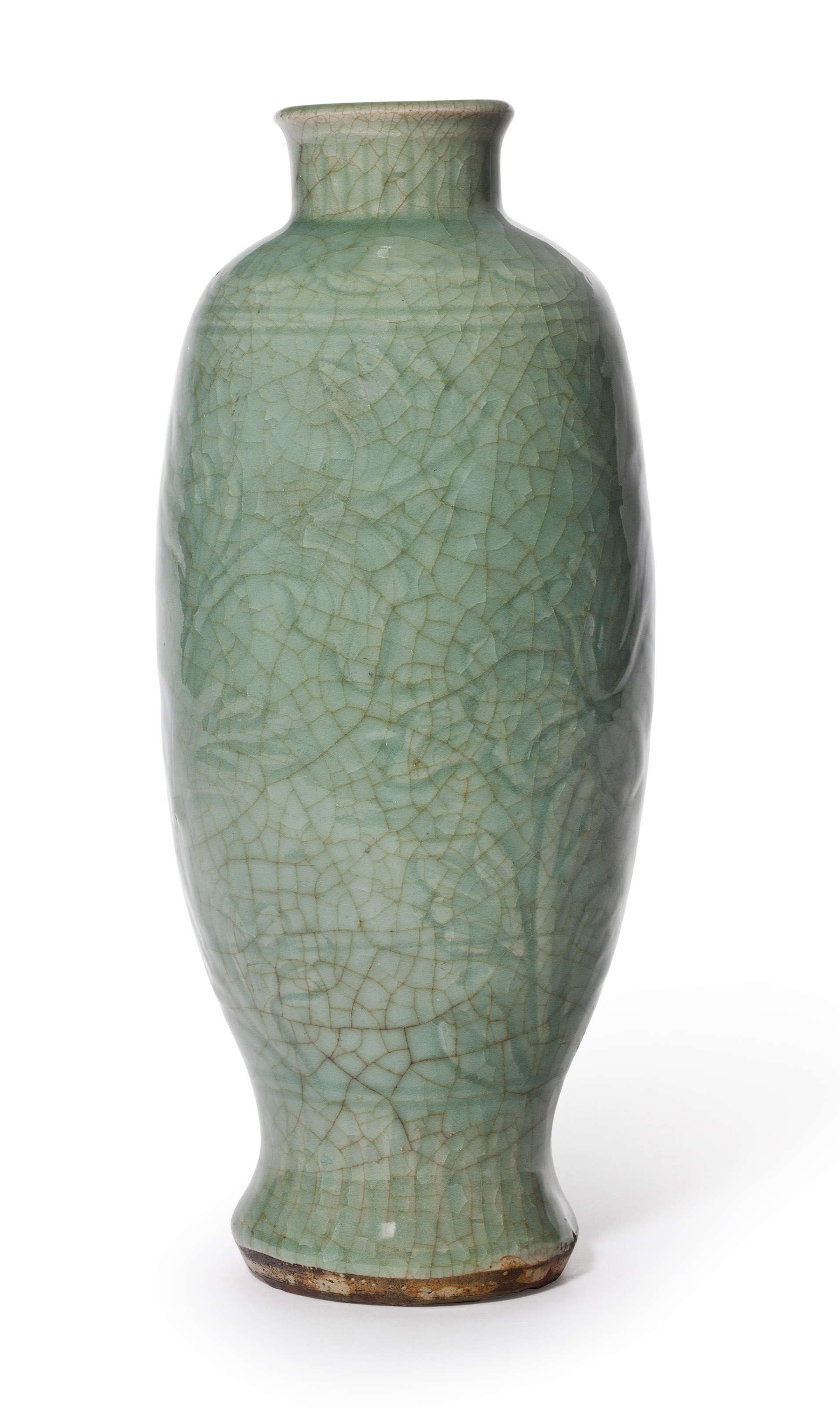 A CARVED LONGQUAN CELADON SLENDER OVOID VASE, MING DYNASTY (1368-1644 ...
