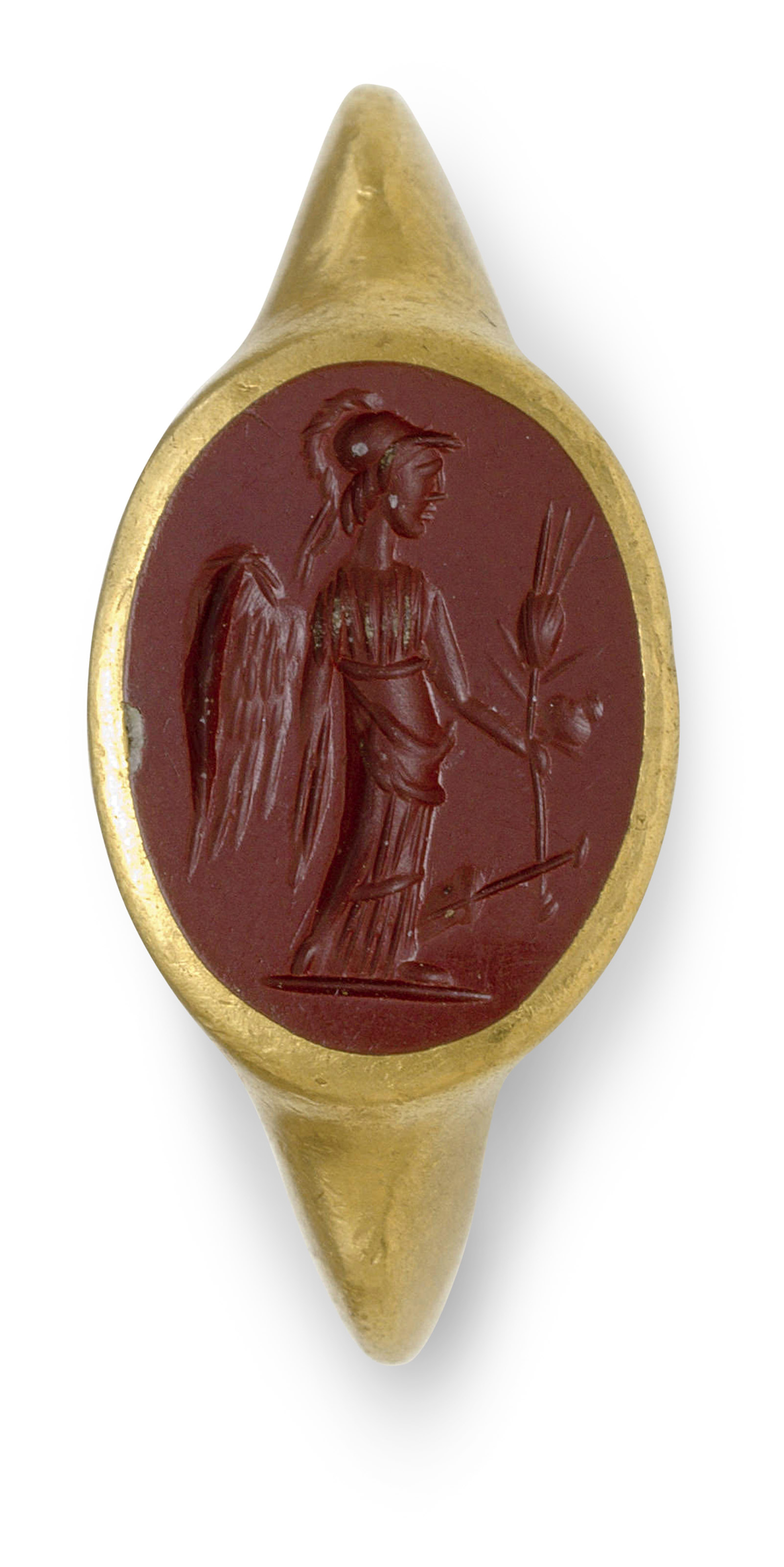 A ROMAN RED GOLD AND RED JASPER FINGER RING WITH A SYNCRETISTIC MINERVA ...
