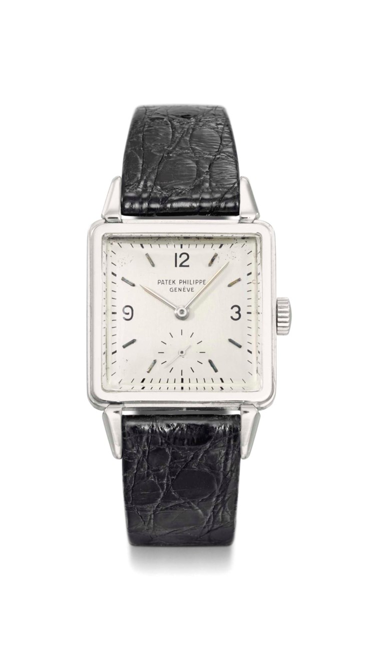 Patek Philippe. A very fine and rare platinum square wristwatch, Signed ...