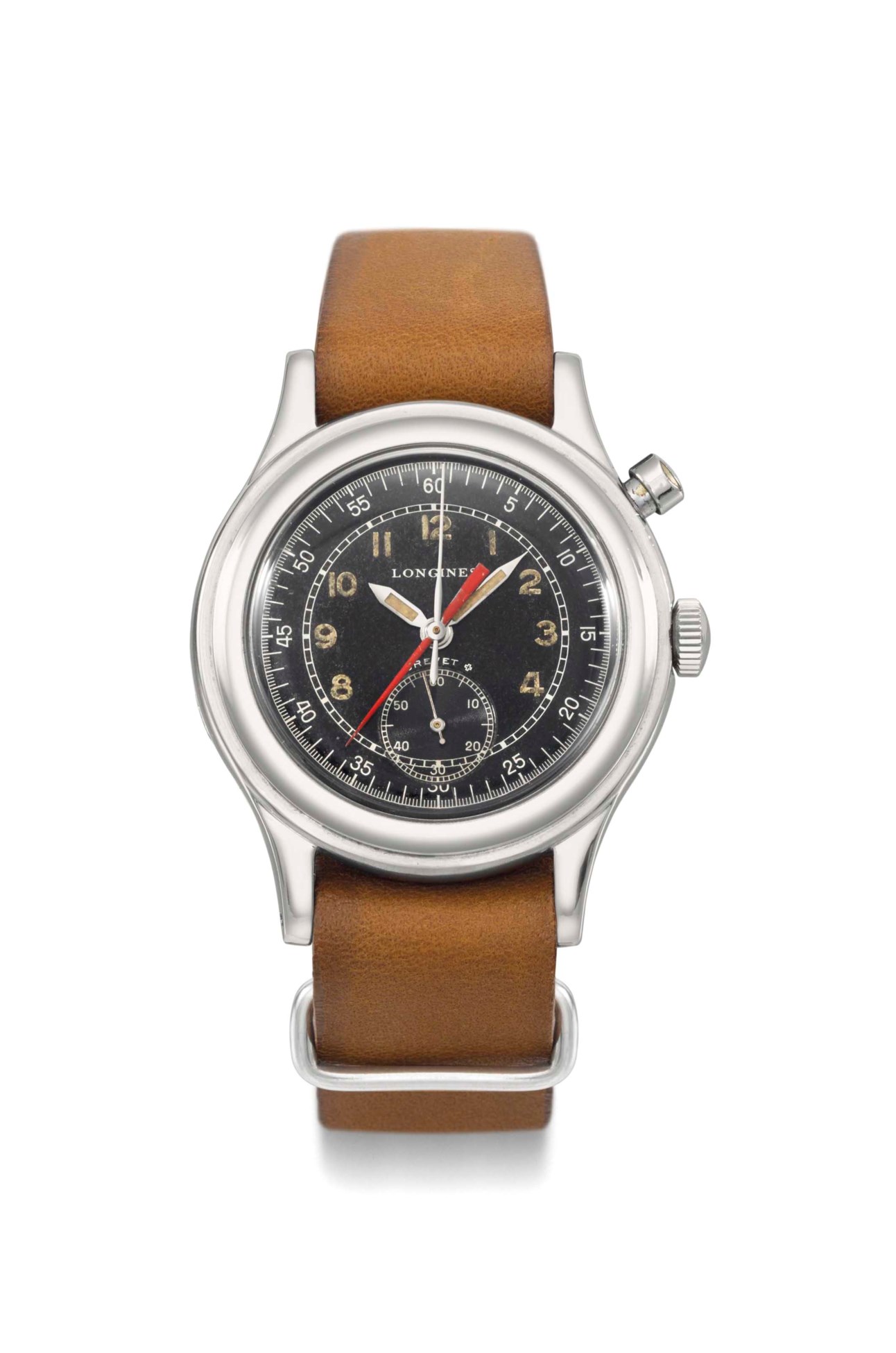 Longines. A very rare and unusual stainless steel single button flyback ...