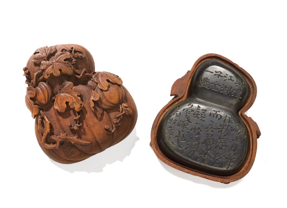 A SMALL CARVED DUAN INK STONE AND A CARVED BAMBOO BOX AND COVER, QING ...