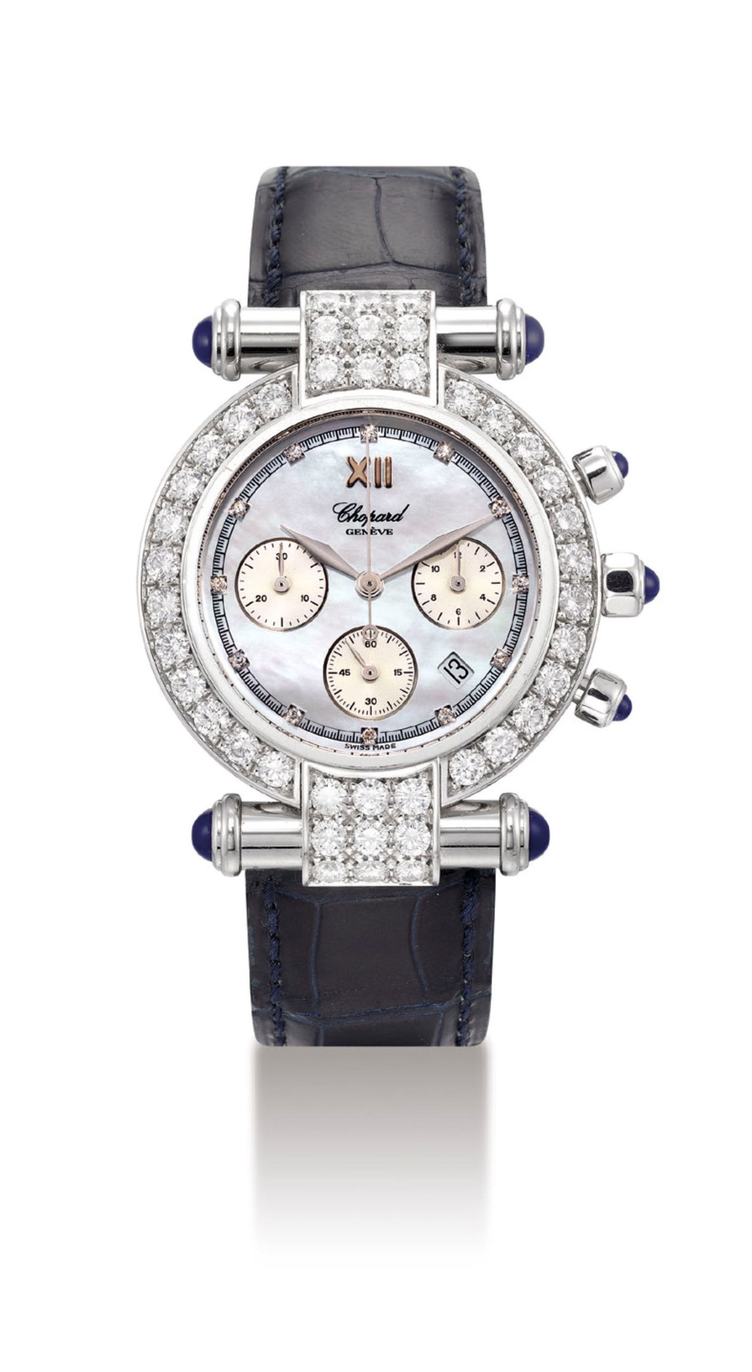 CHOPARD. A FINE 18K WHITE GOLD, DIAMOND AND SAPPHIRE-SET CHRONOGRAPH ...