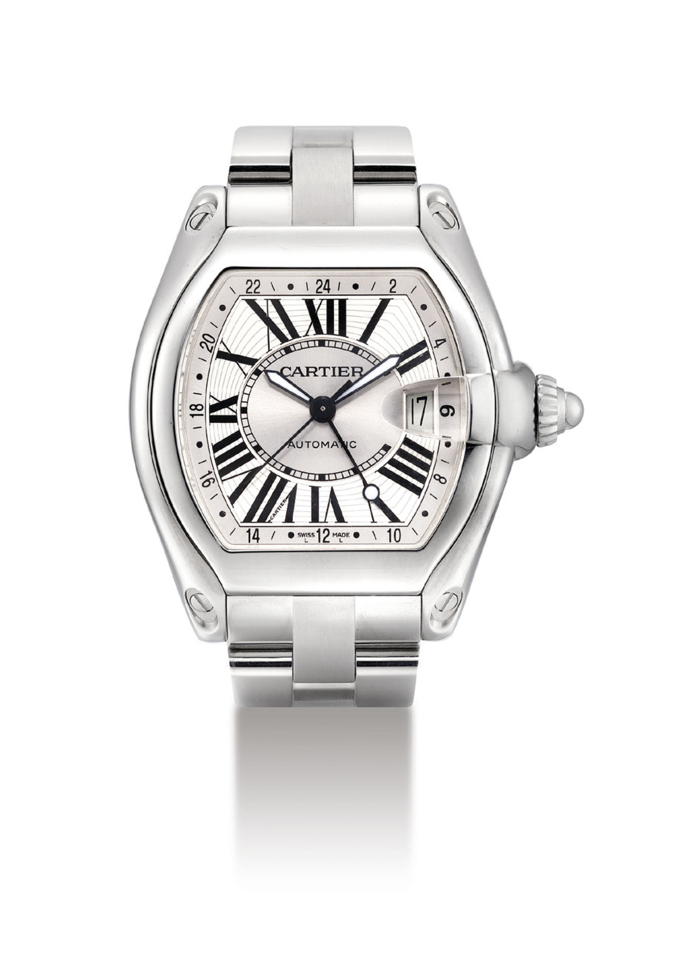 CARTIER. A STAINLESS STEEL TONNEAU-SHAPED AUTOMATIC DUAL TIME ...
