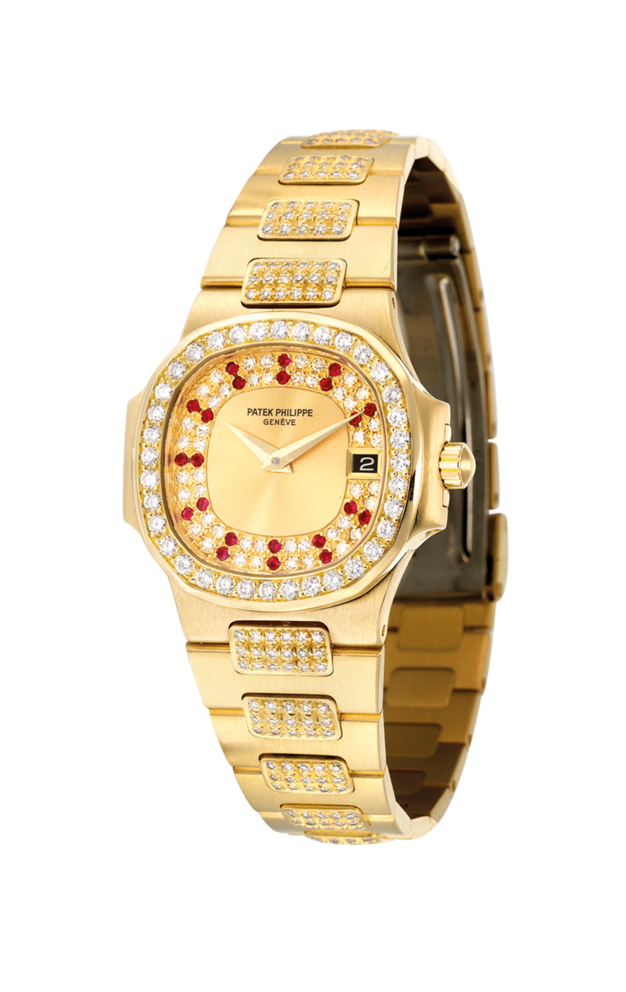 PATEK PHILIPPE. A LADY’S FINE AND RARE 18K GOLD, DIAMOND AND RUBY-SET ...