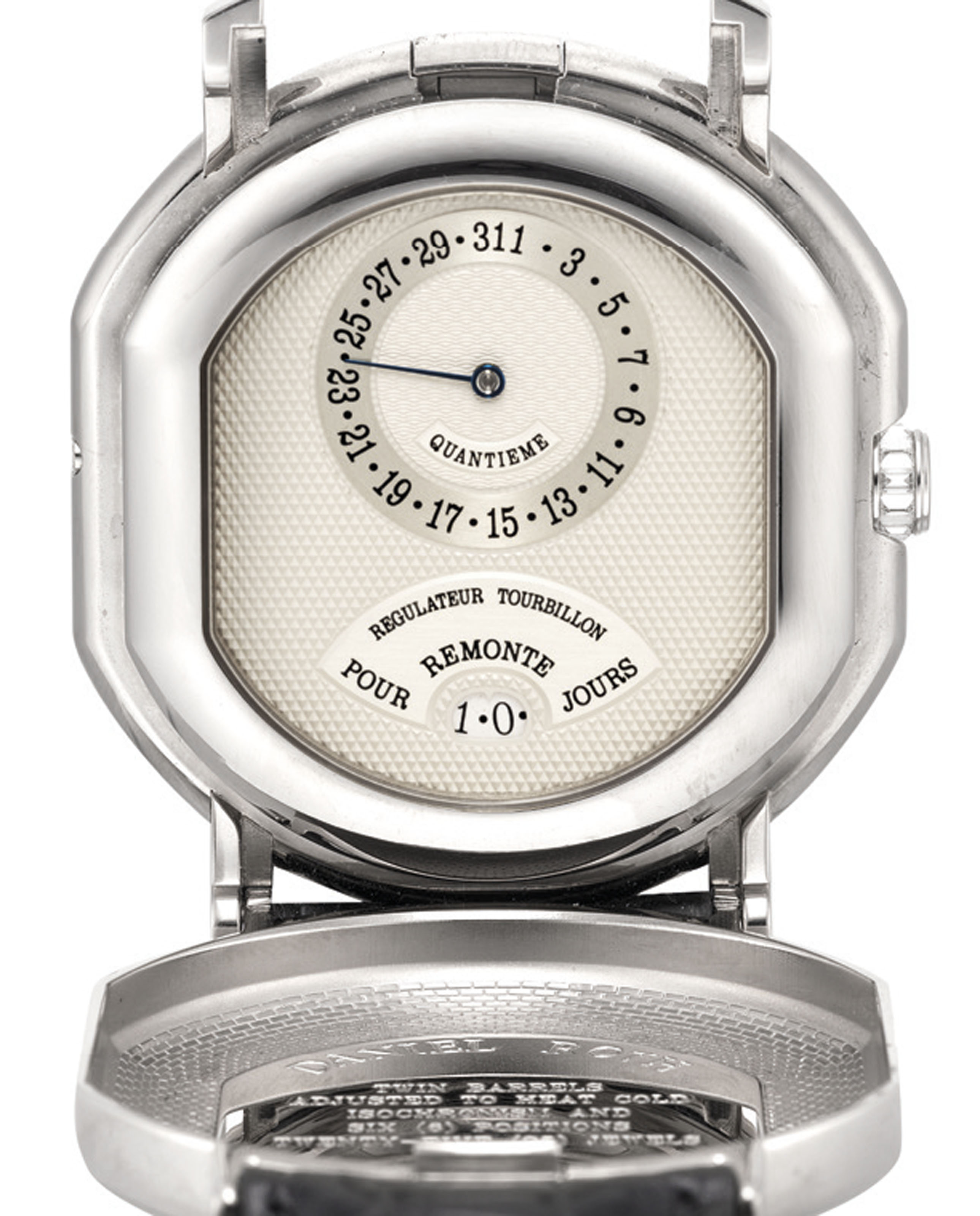 DANIEL ROTH. A VERY FINE AND RARE 18K WHITE GOLD AND DIAMOND-SET BARREL ...