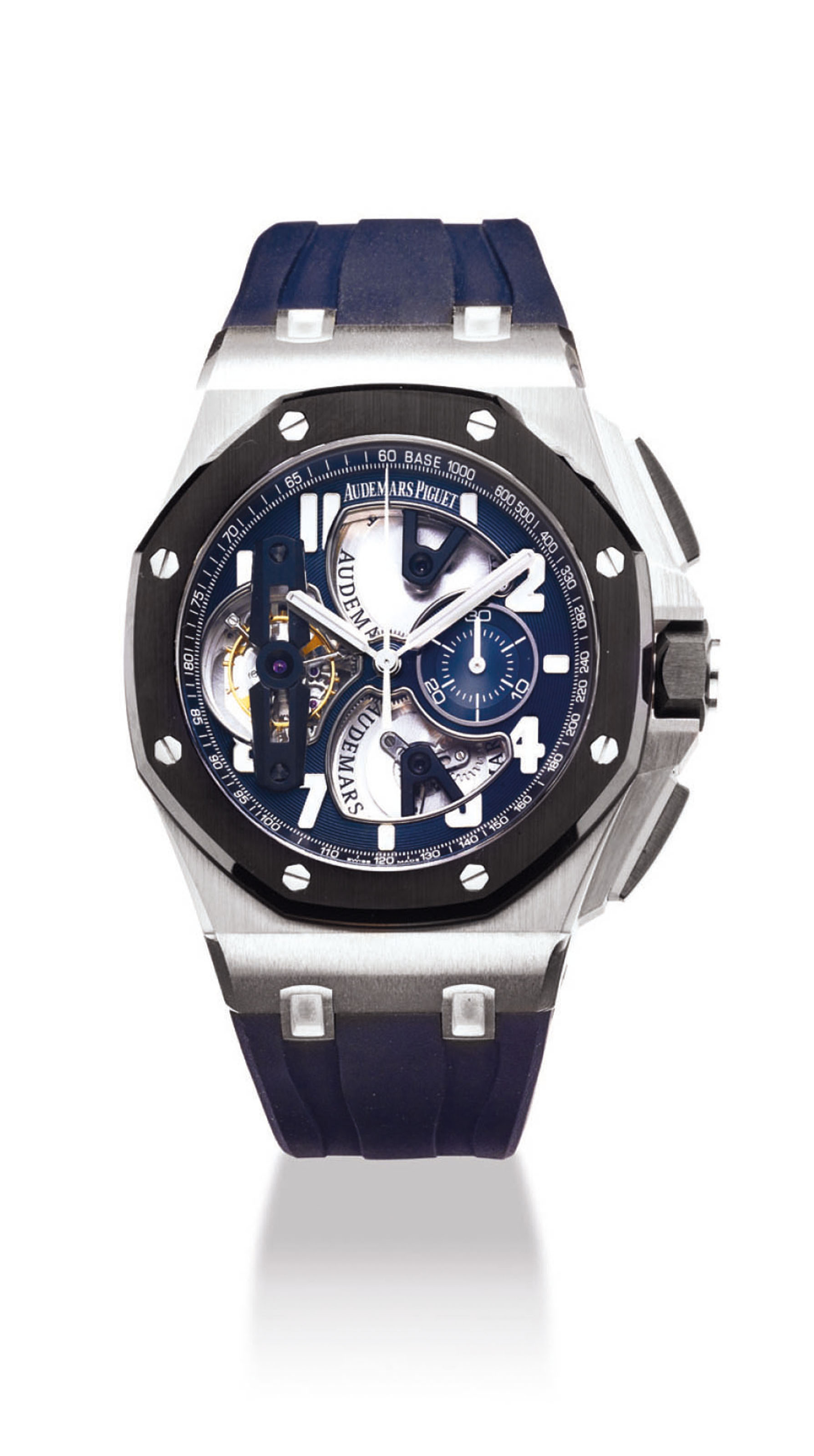 AUDEMARS PIGUET. A FINE AND RARE PLATINUM AND CERAMIC SEMI-SKELETONISED ...