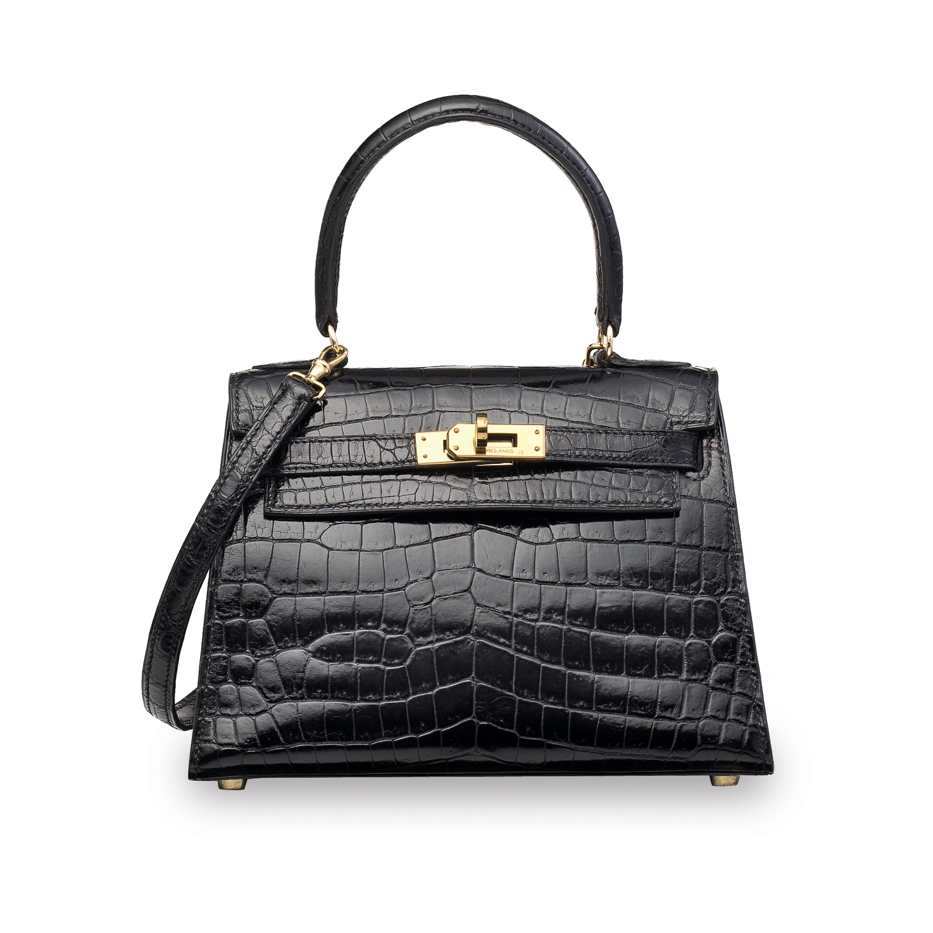 A SHINY BLACK NILOTICUS CROCODILE MINI KELLY 20 WITH GOLD HARDWARE