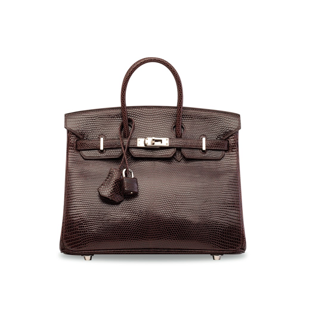 A SHINY MARRON FONCÉ NILOTICUS LIZARD BIRKIN 25 WITH PALLADIUM HARDWARE ...