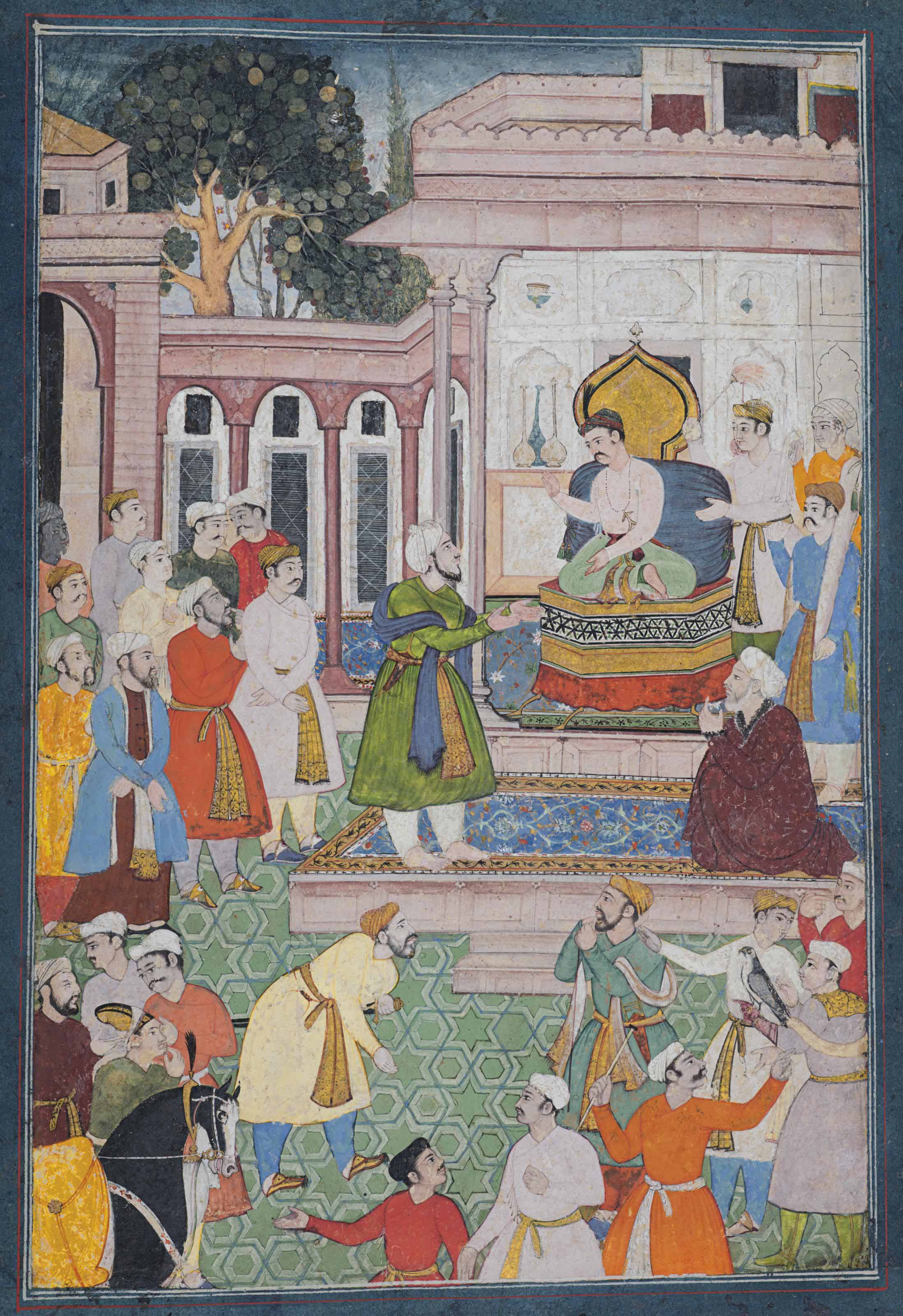 The Mughal Emperor Akbar seated on a terrace holding a terrestrial ...