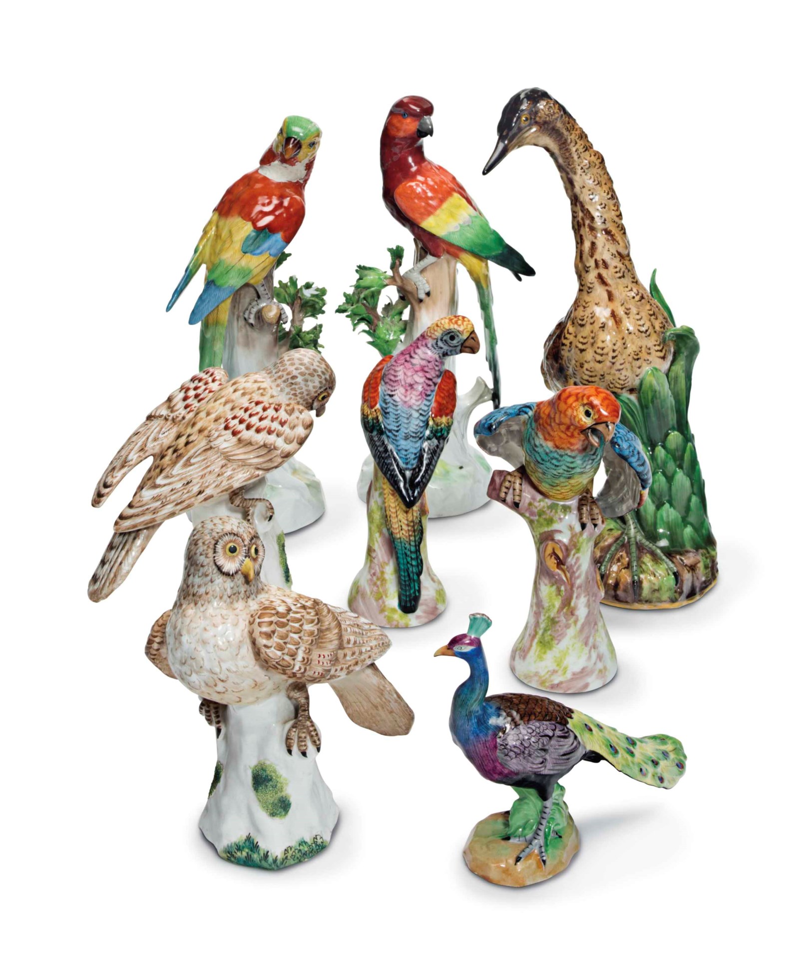 A GROUP OF EIGHT ENGLISH AND CONTINENTAL PORCELAIN MODELS OF BIRDS ...