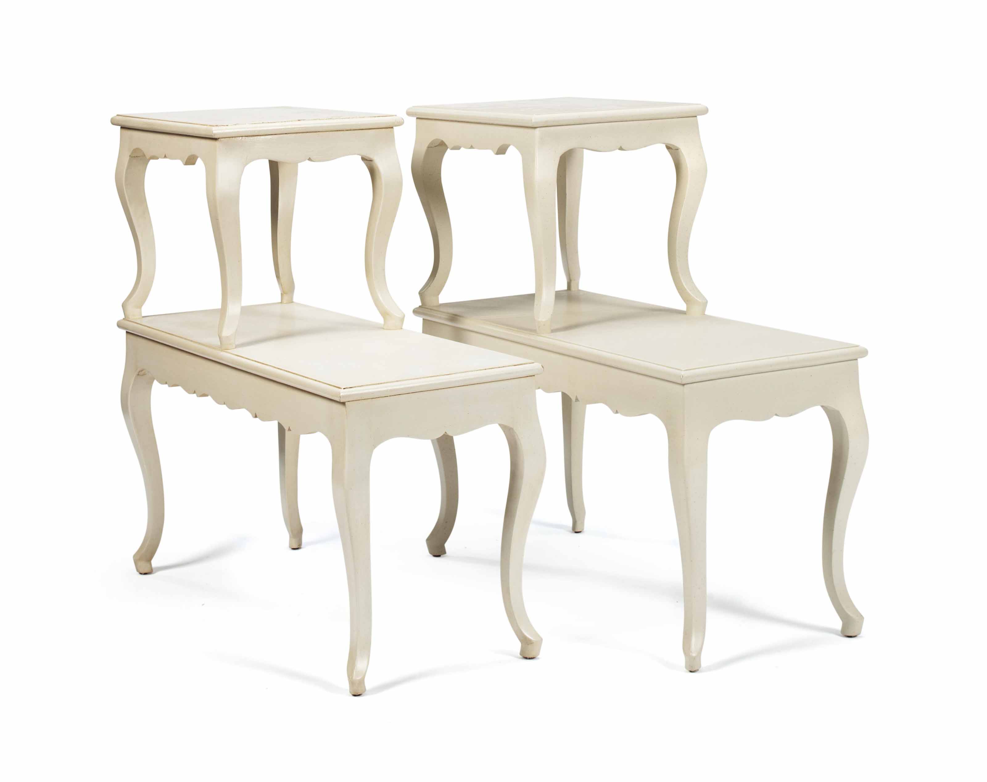 A PAIR OF WHITE-PAINTED TWO-TIER END TABLES