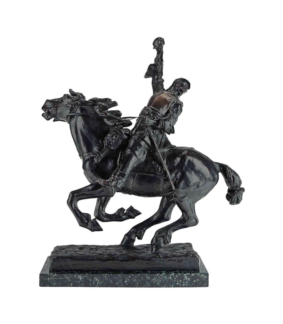 A PATINATED-BRONZE FIGURAL GROUP OF A CAVALIER ON HORSEBACK, CAST FROM ...