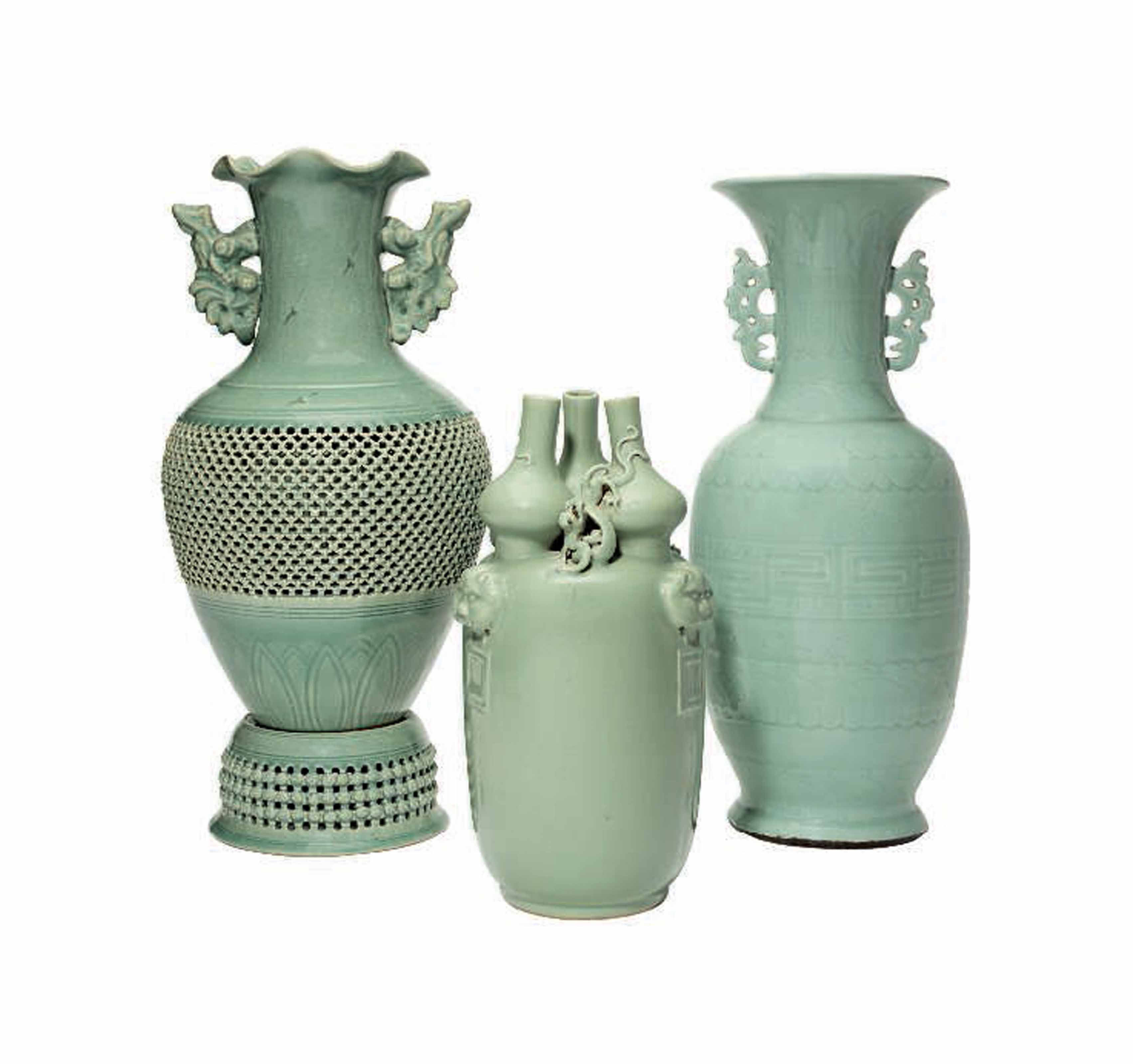TWO CHINESE CELADON GROUND PORCELAIN VASES, AND A JAPANESE VASE ON ...