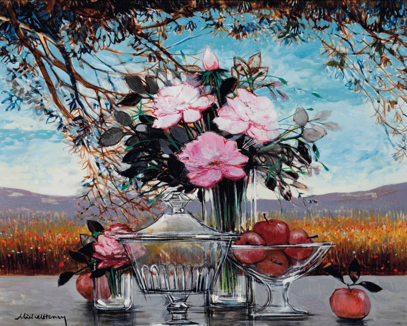 Michel Henry (French, b. 1928), Still life with flowers and apples in a ...