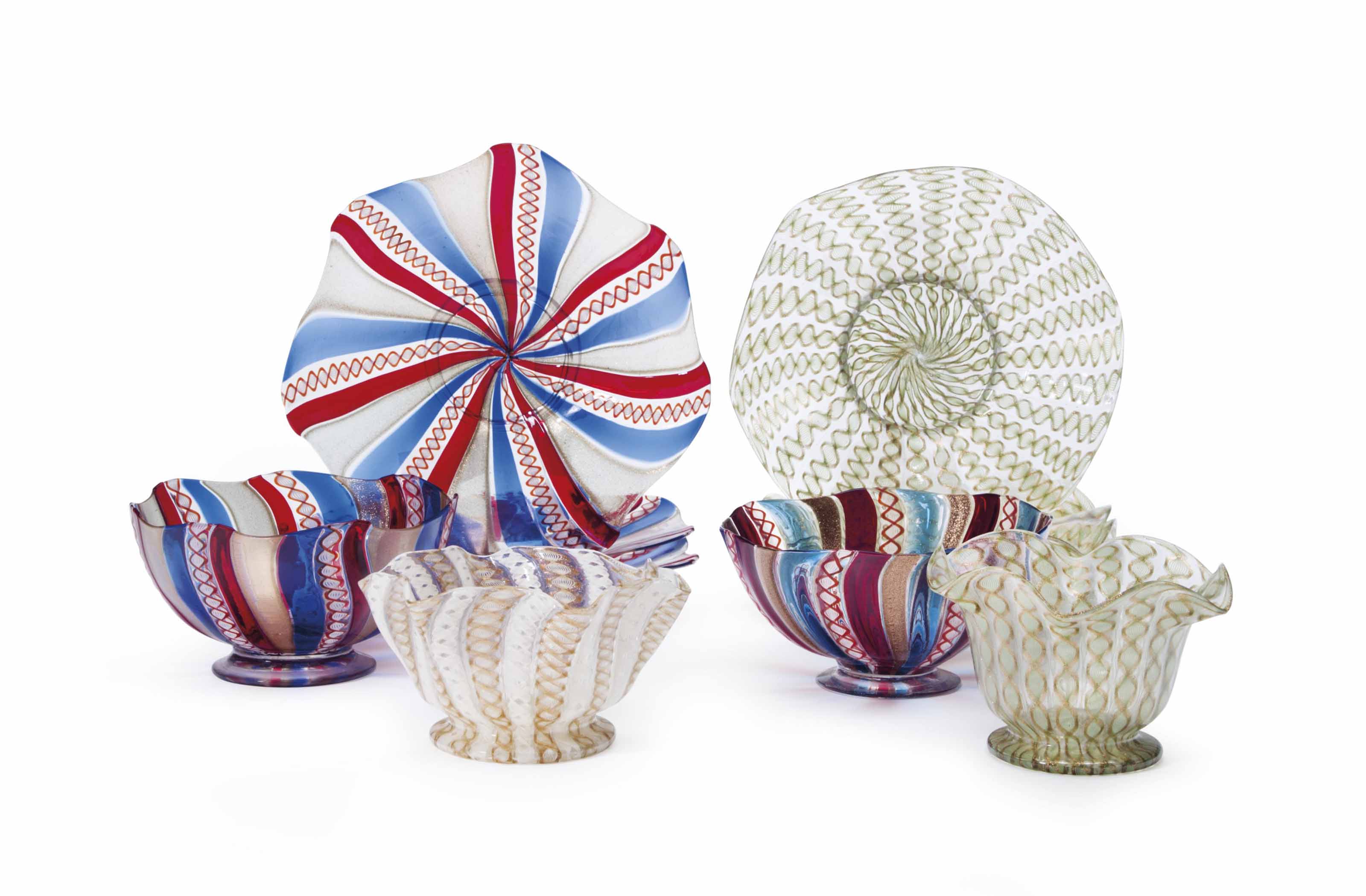 AN ASSEMBLED GROUP OF VENETIAN LATTICINIO GLASS FINGER BOWLS AND STANDS