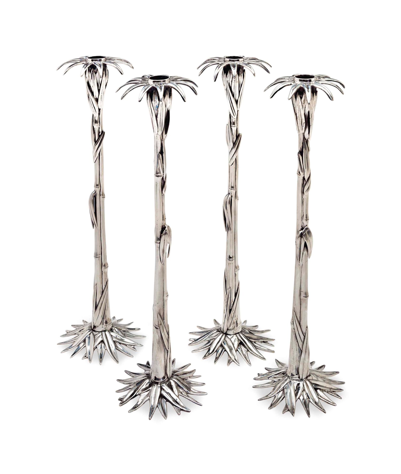 A SET OF FOUR AMERICAN SILVER BAMBOO-FORM CANDLESTICKS, MARK OF FRANK ...