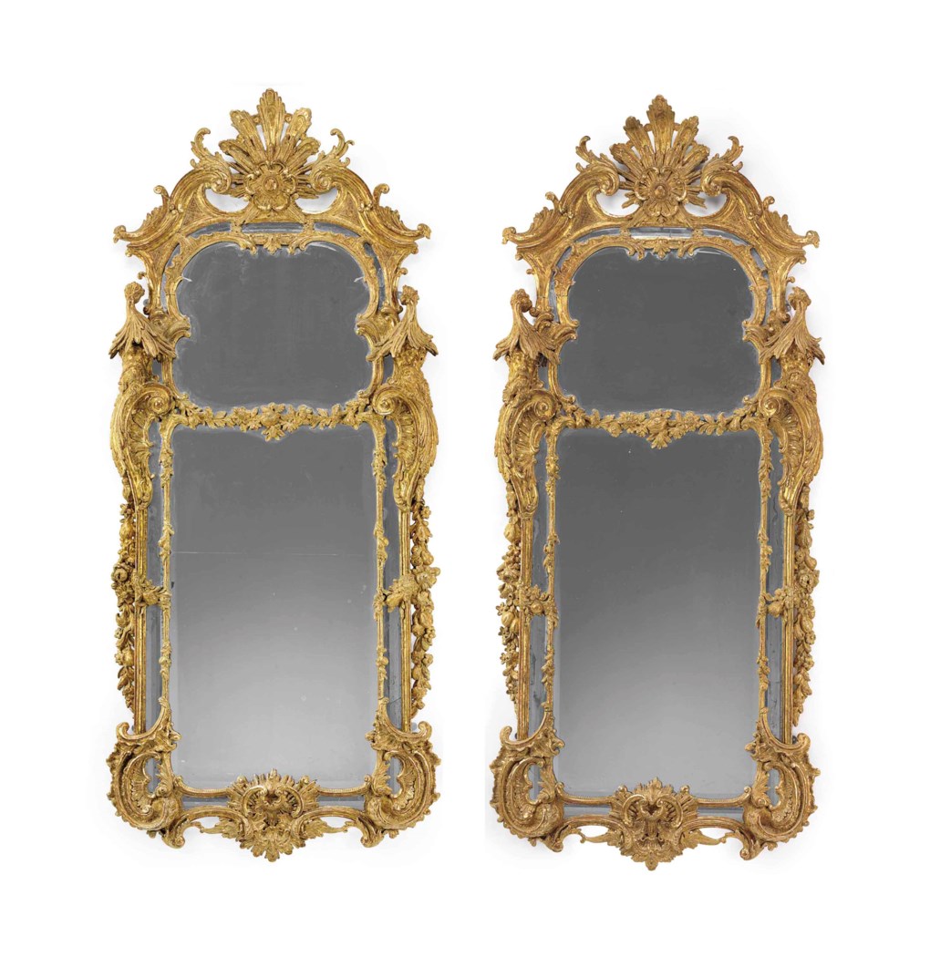 A PAIR OF GEORGE II GILTWOOD MIRRORS, AFTER A DESIGN BY MATTHIAS LOCK ...