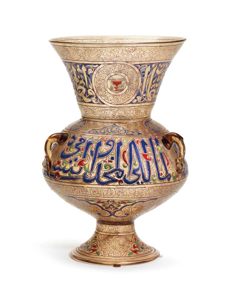 A MAMLUK-STYLE ENAMELED AND GILT CLEAR GLASS MOSQUE LAMP, Second half ...