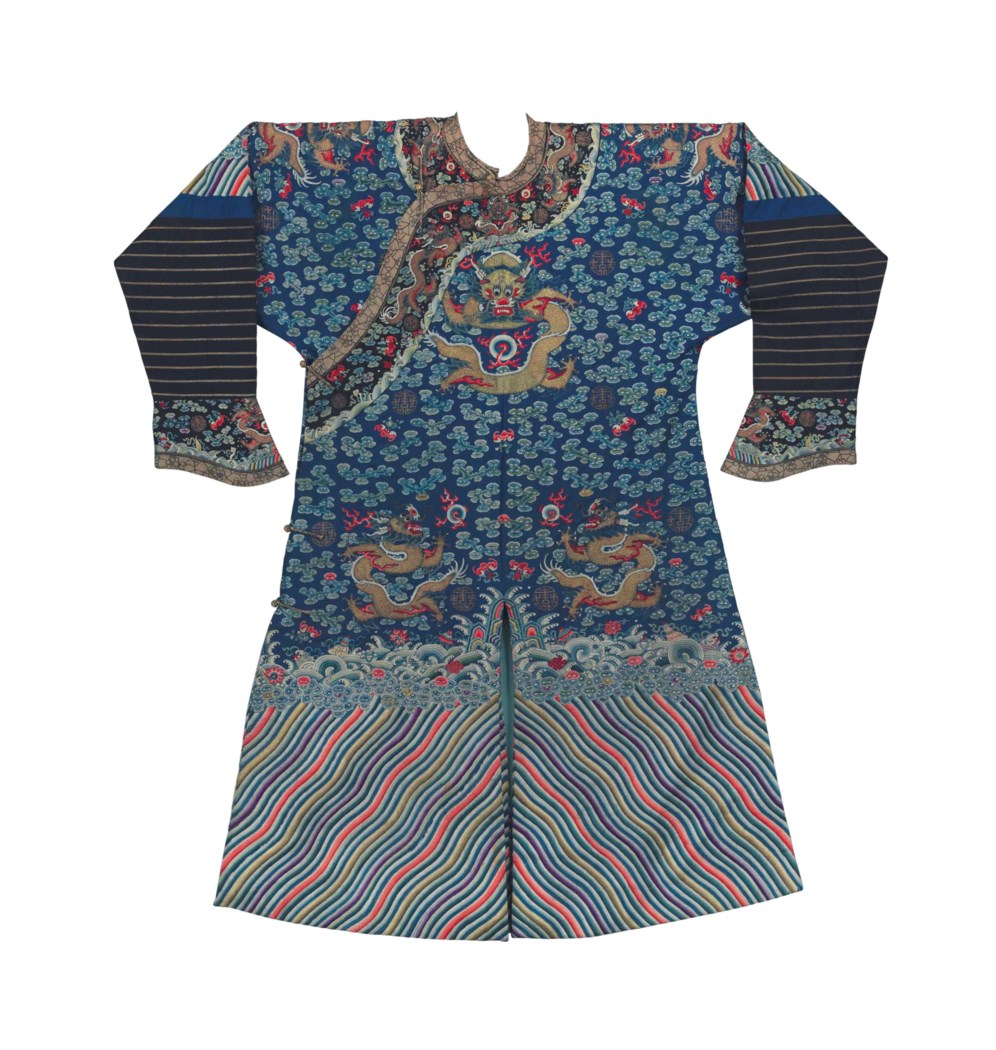 AN EMBROIDERED BLUE-GROUND DRAGON ROBE, MANGPAO, 19TH CENTURY | Christie's