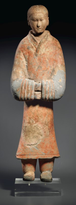 A VERY RARE LARGE PAINTED GREY POTTERY FIGURE OF A FEMALE ATTENDANT